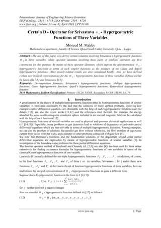 Certain D - Operator for Srivastava H B - Hypergeometric Functions of Three Variables | PDF