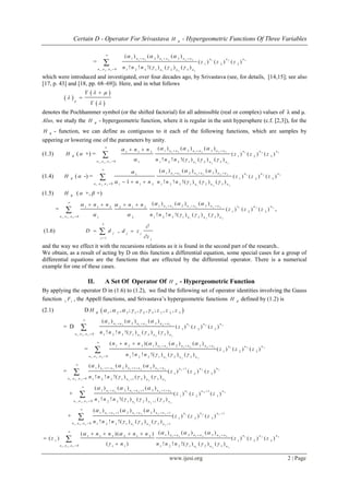 Certain D - Operator for Srivastava H B - Hypergeometric Functions of Three Variables | PDF