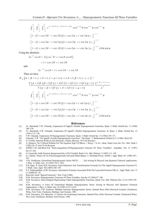 Certain D - Operator for Srivastava H B - Hypergeometric Functions of Three Variables | PDF