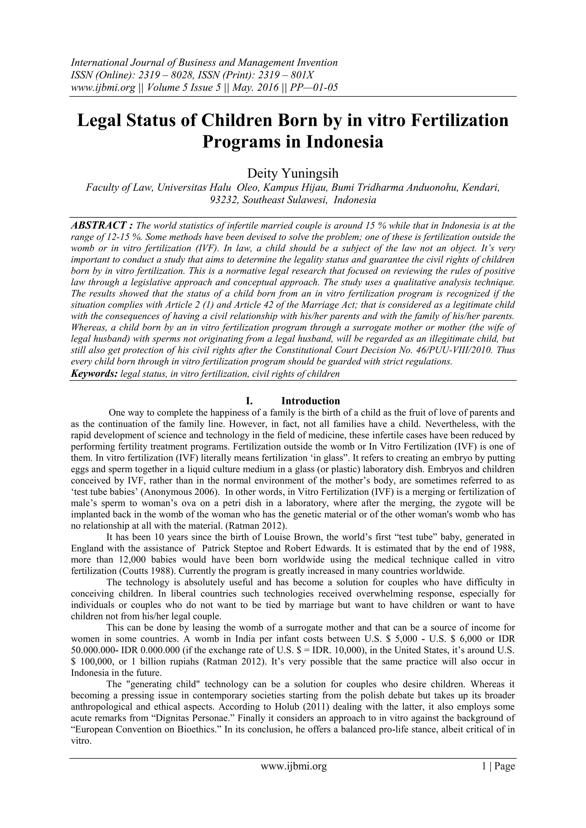 Legal Status of Children Born by in vitro Fertilization Programs in ...