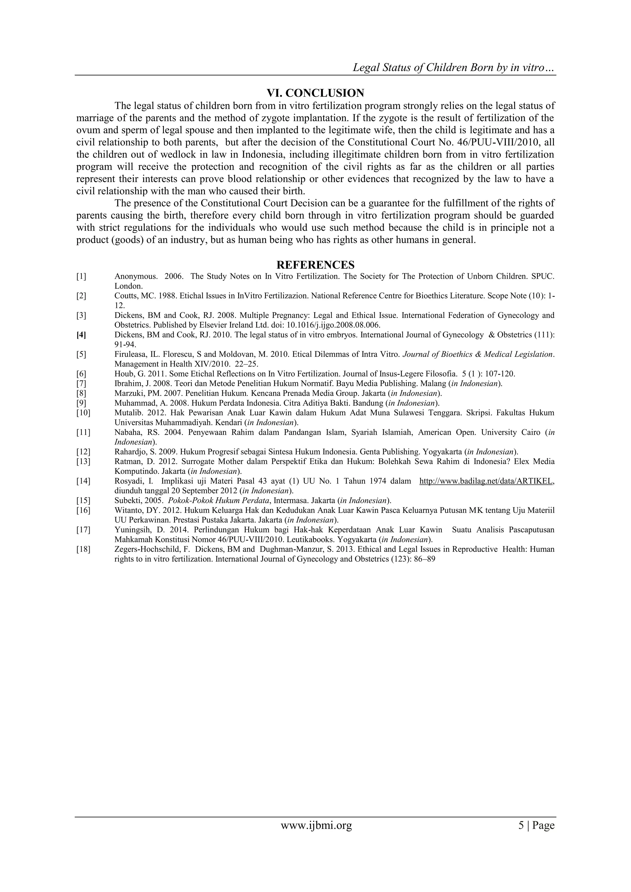 Legal Status of Children Born by in vitro Fertilization Programs in ...