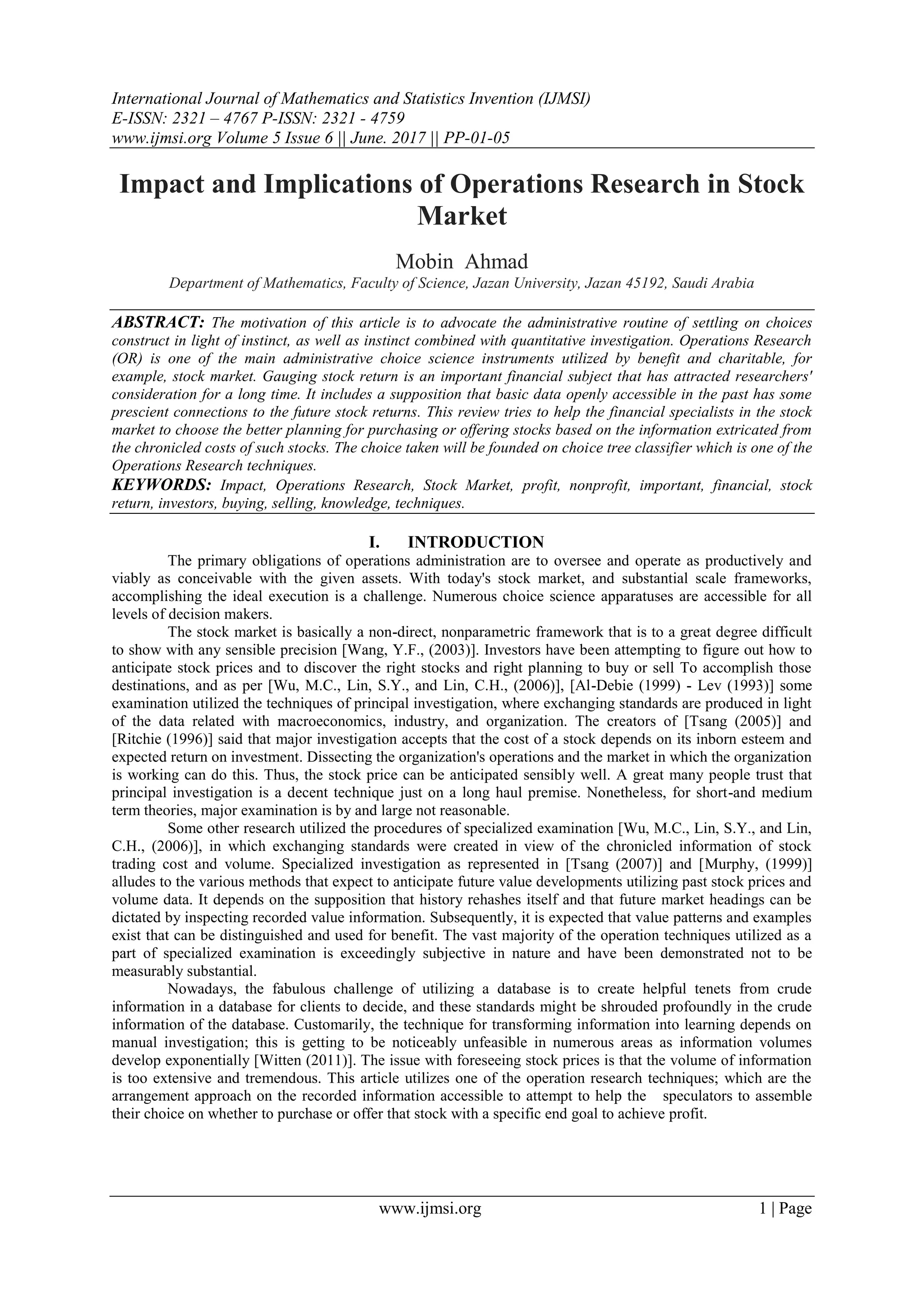 Impact and Implications of Operations Research in Stock Market | PDF