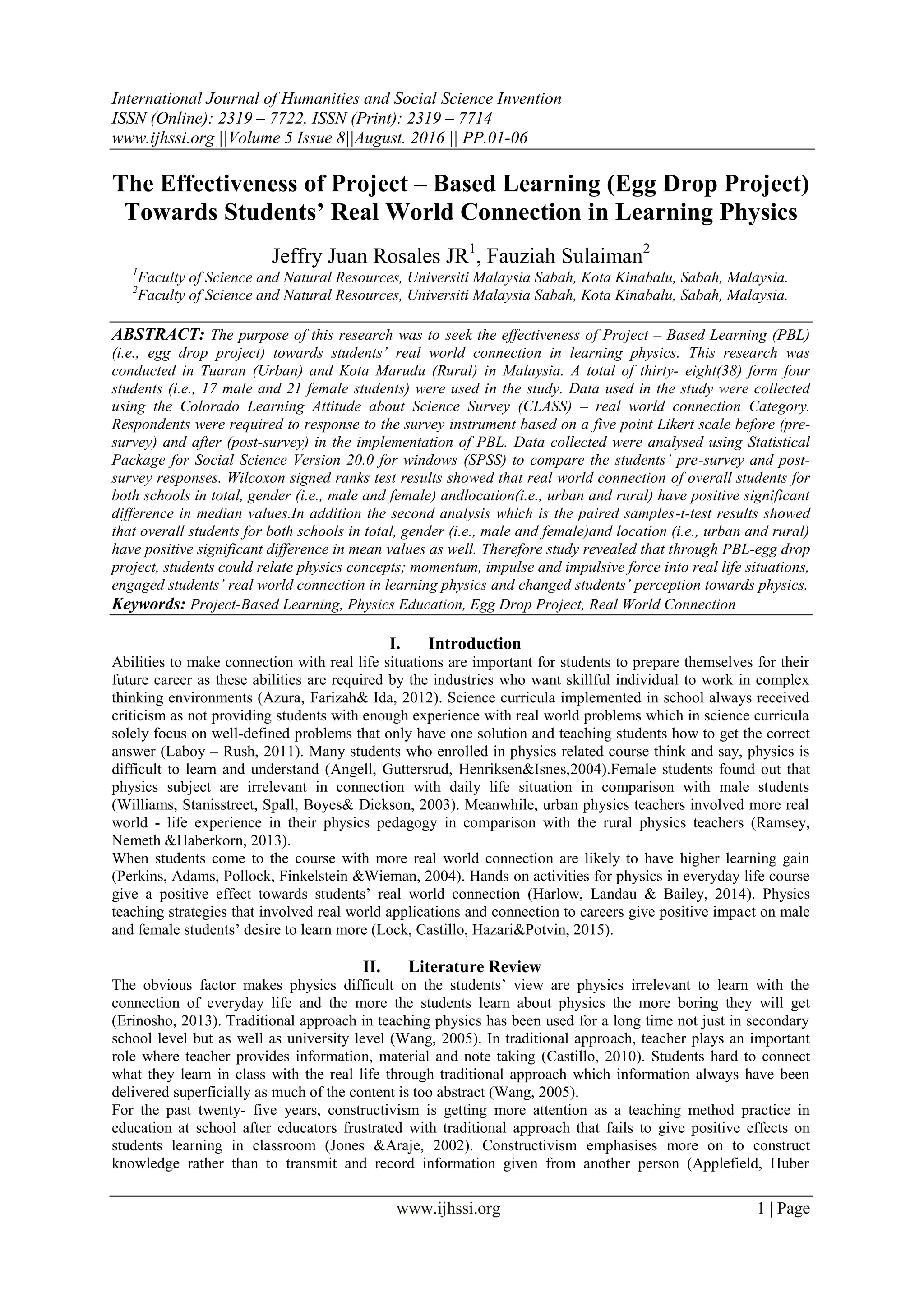 The Effectiveness of Project – Based Learning (Egg Drop Project ...