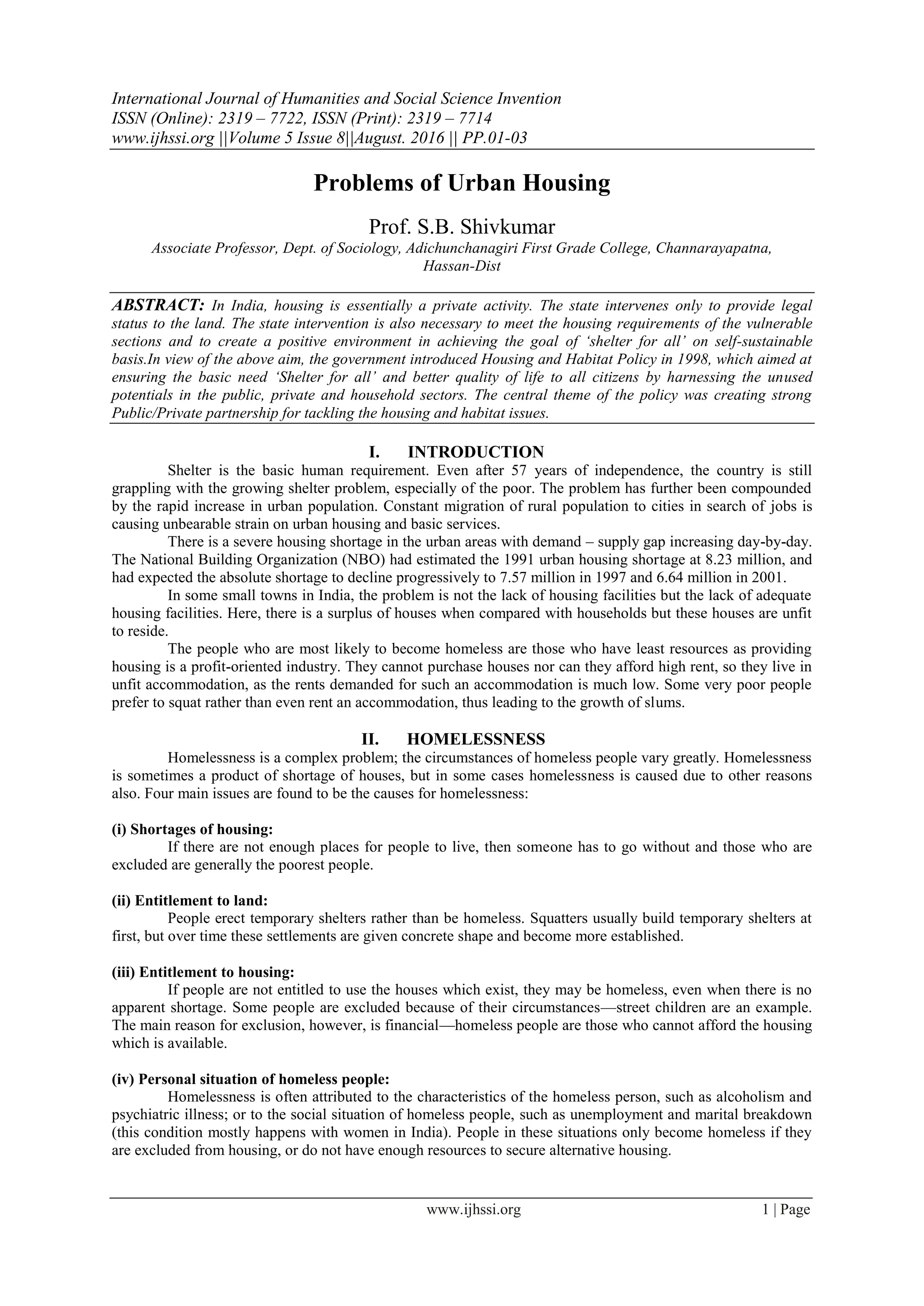 Problems of Urban Housing | PDF