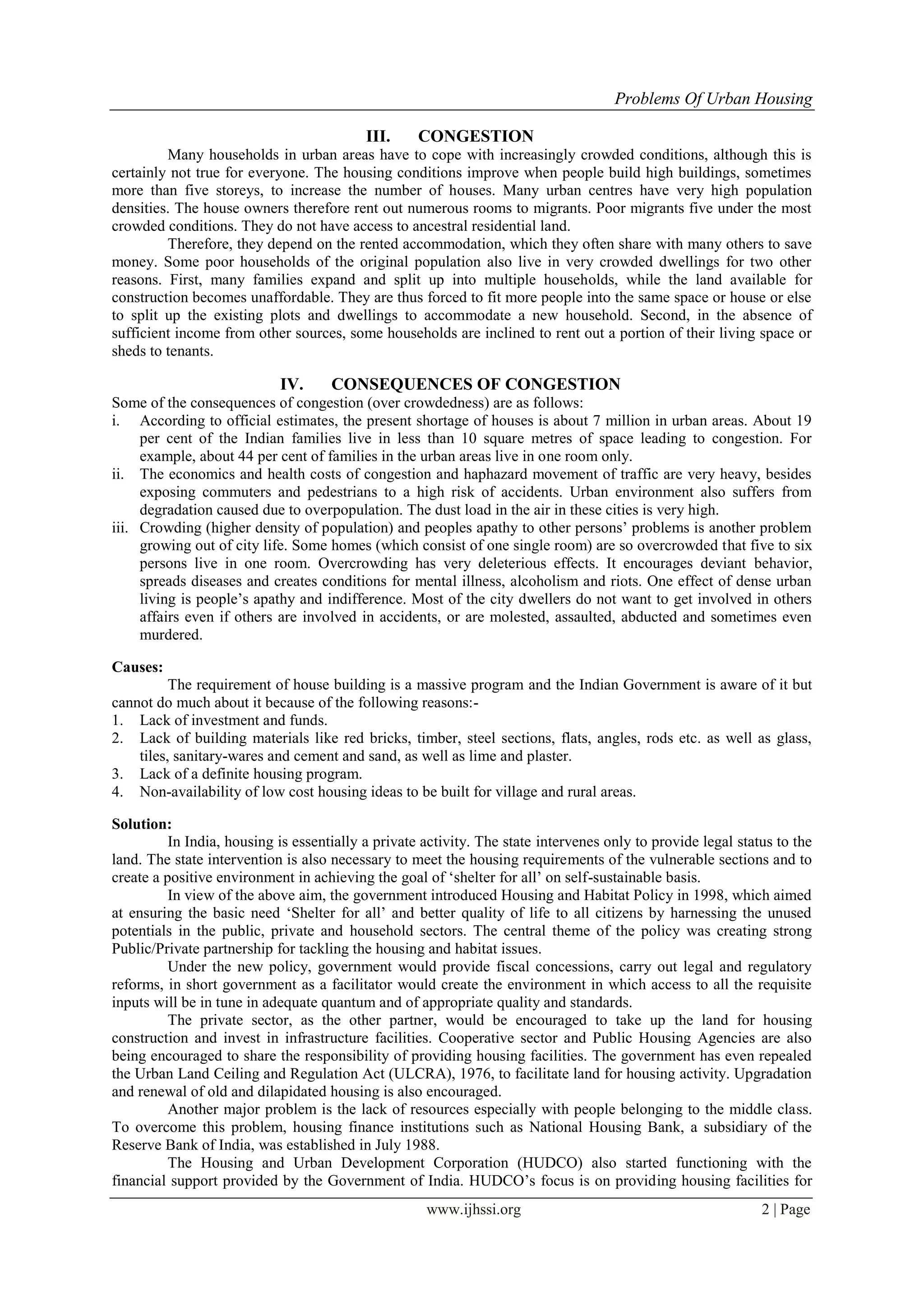 Problems of Urban Housing | PDF