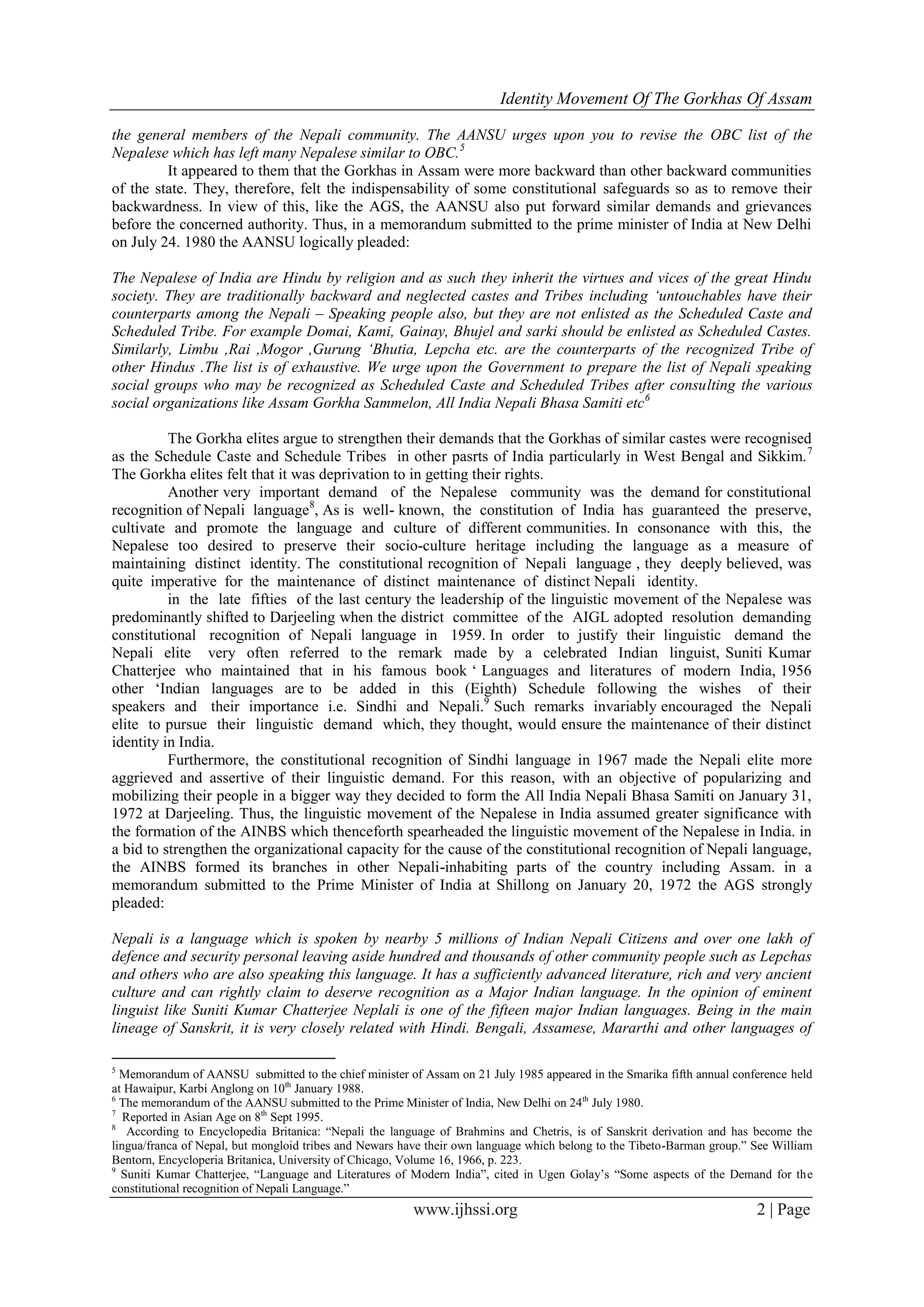 Identity Movement of the Gorkhas of Assam | PDF