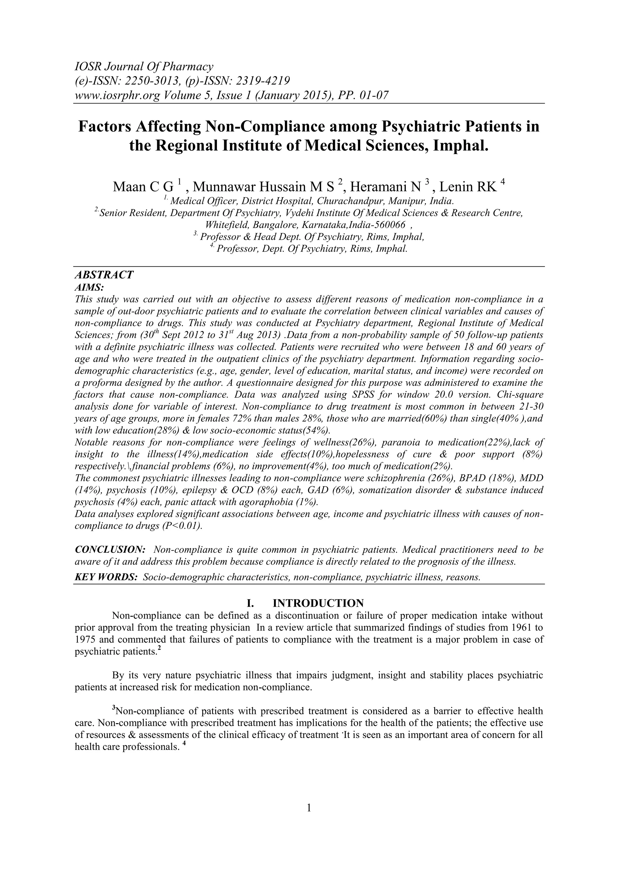 Factors Affecting Non-Compliance among Psychiatric Patients in the ...