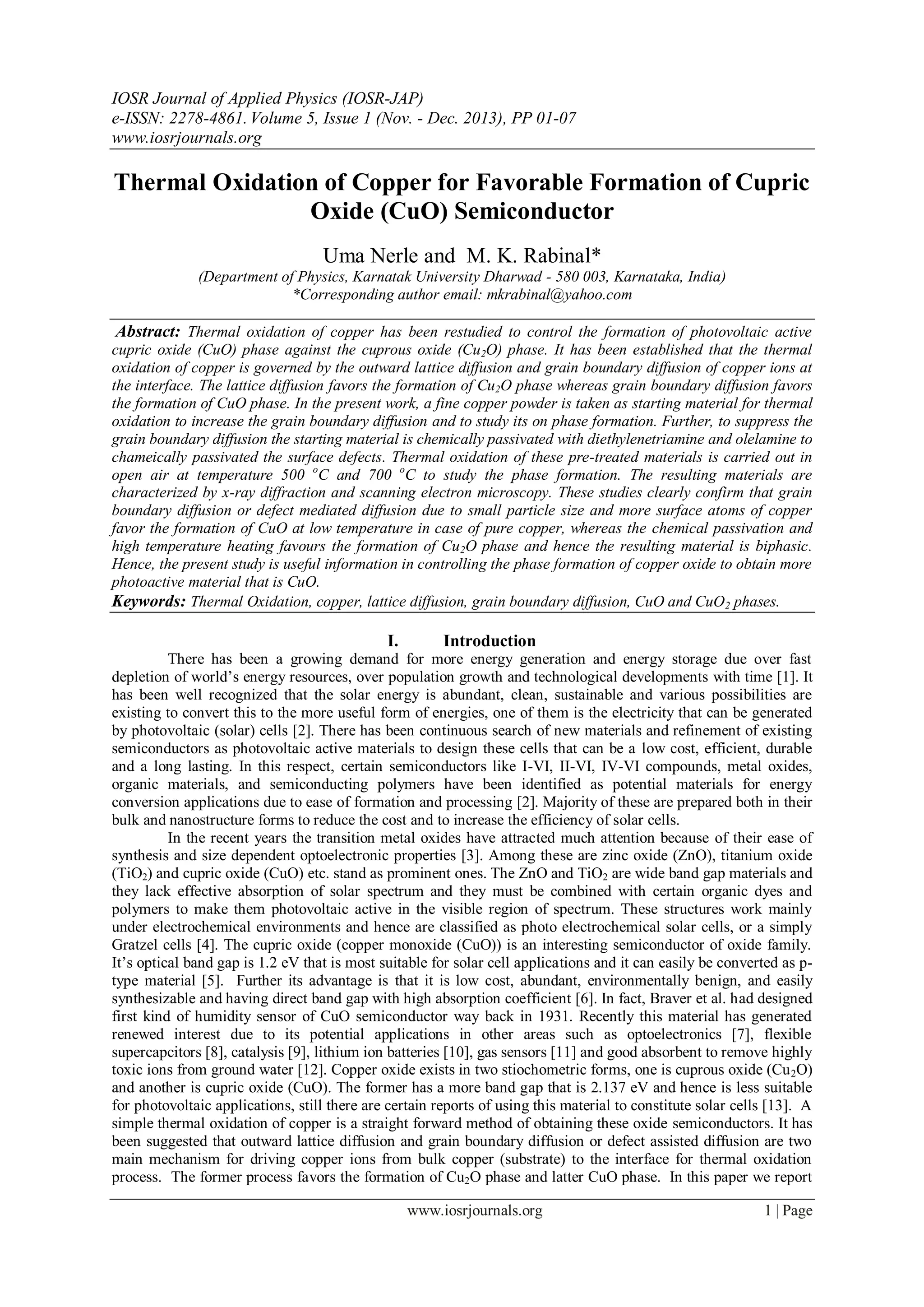 Thermal Oxidation of Copper for Favorable Formation of Cupric Oxide ...