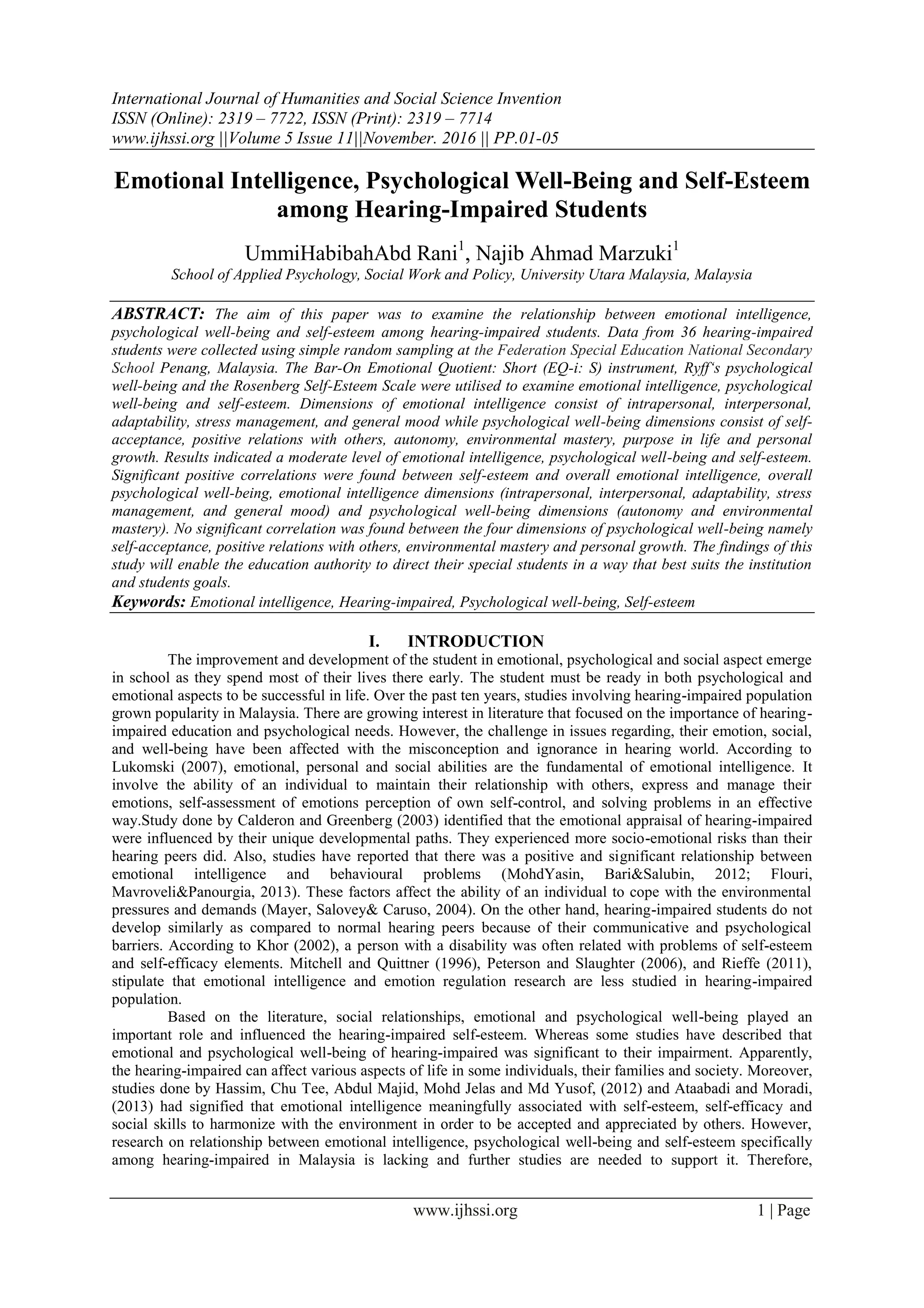Emotional Intelligence, Psychological Well-Being and Self-Esteem among Hearing-Impaired Students ...