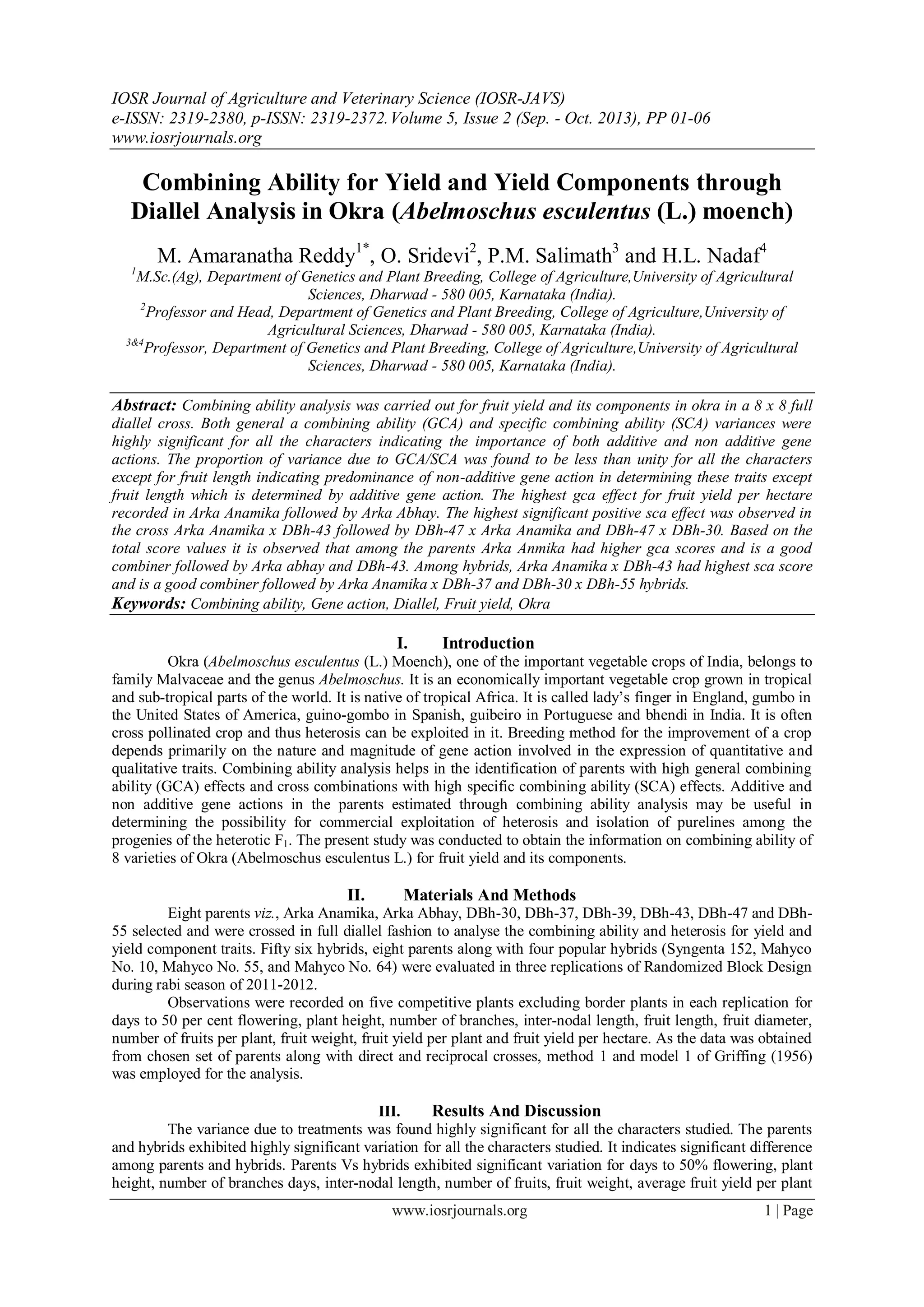Combining Ability for Yield and Yield Components through Diallel Analysis in Okra (Abelmoschus ...
