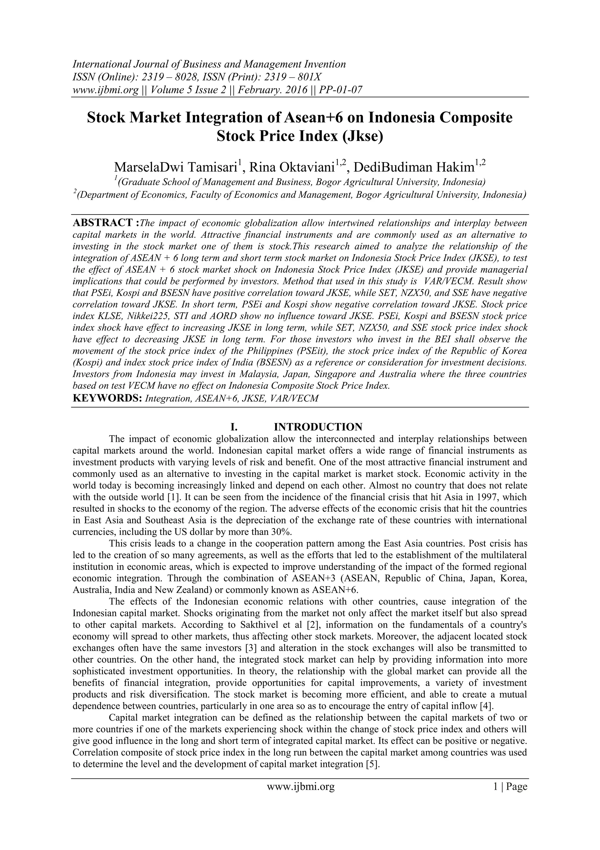 Stock Market Integration of Asean+6 on Indonesia Composite Stock Price ...
