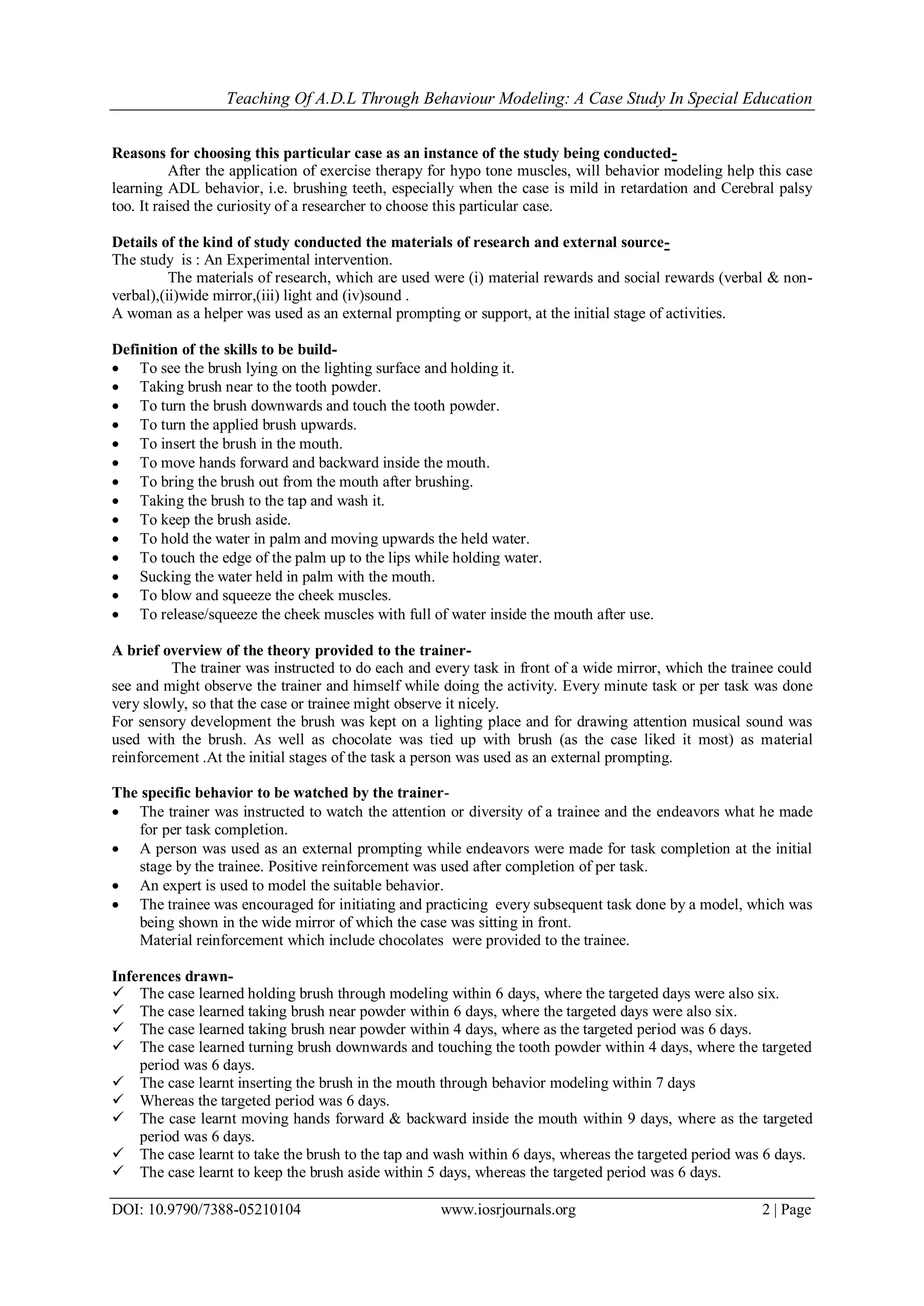 Teaching of A.D.L through Behavior Modeling: A Case Study in Special ...