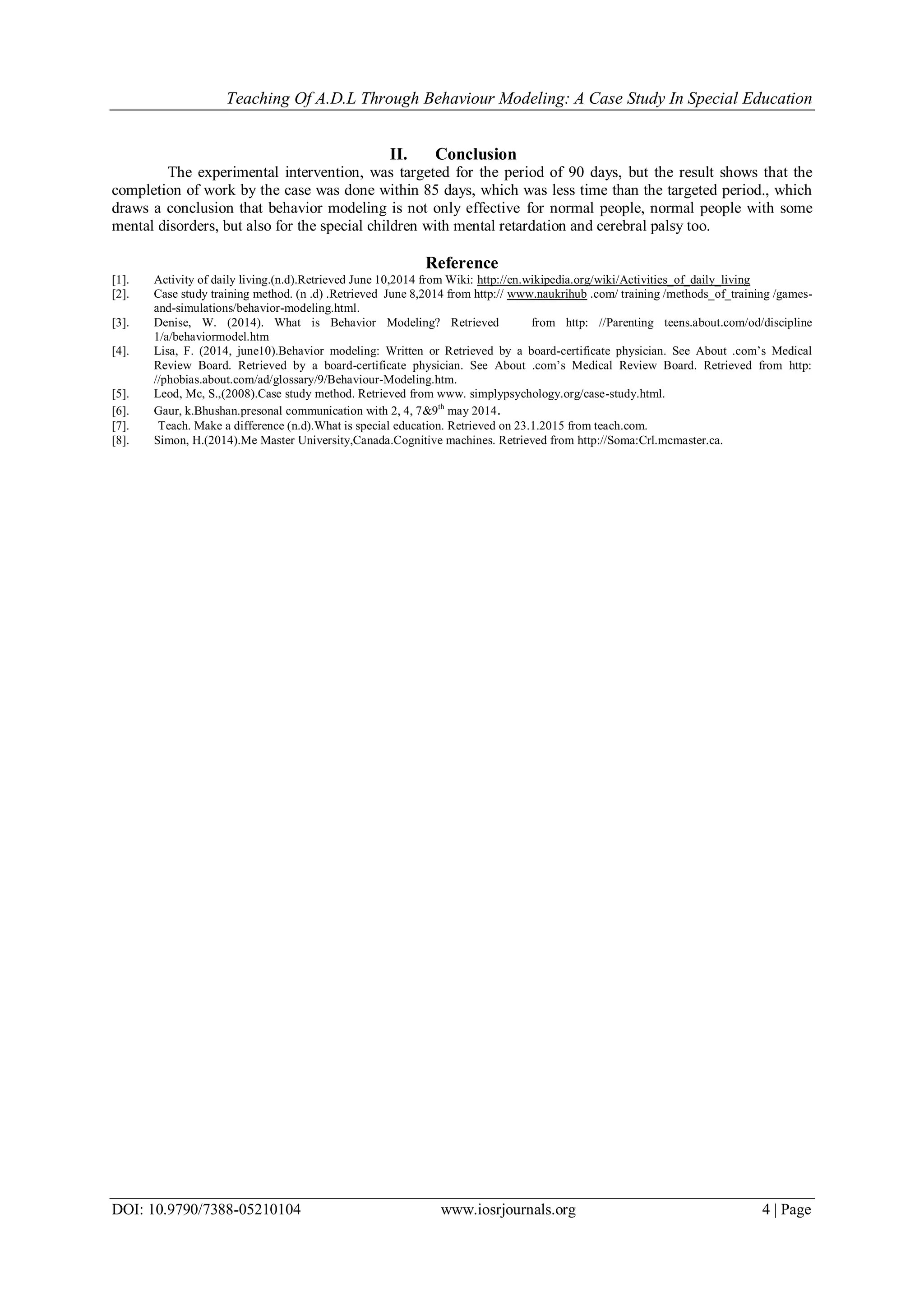 Teaching of A.D.L through Behavior Modeling: A Case Study in Special ...