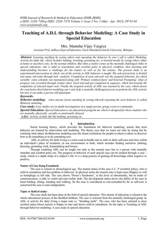 Teaching of A.D.L through Behavior Modeling: A Case Study in Special Education | PDF | Oral care ...