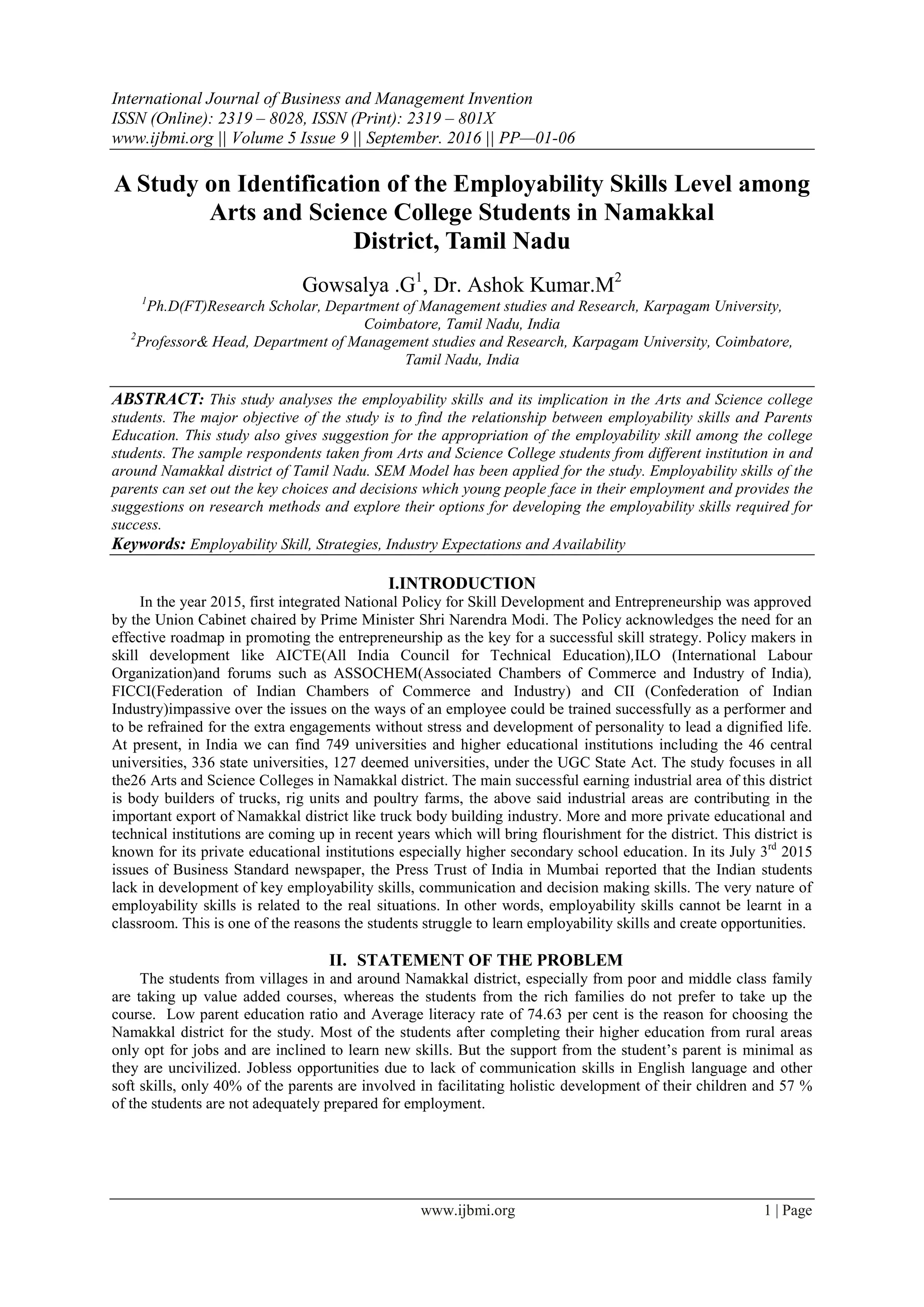 A Study on Identification of the Employability Skills Level among Arts ...