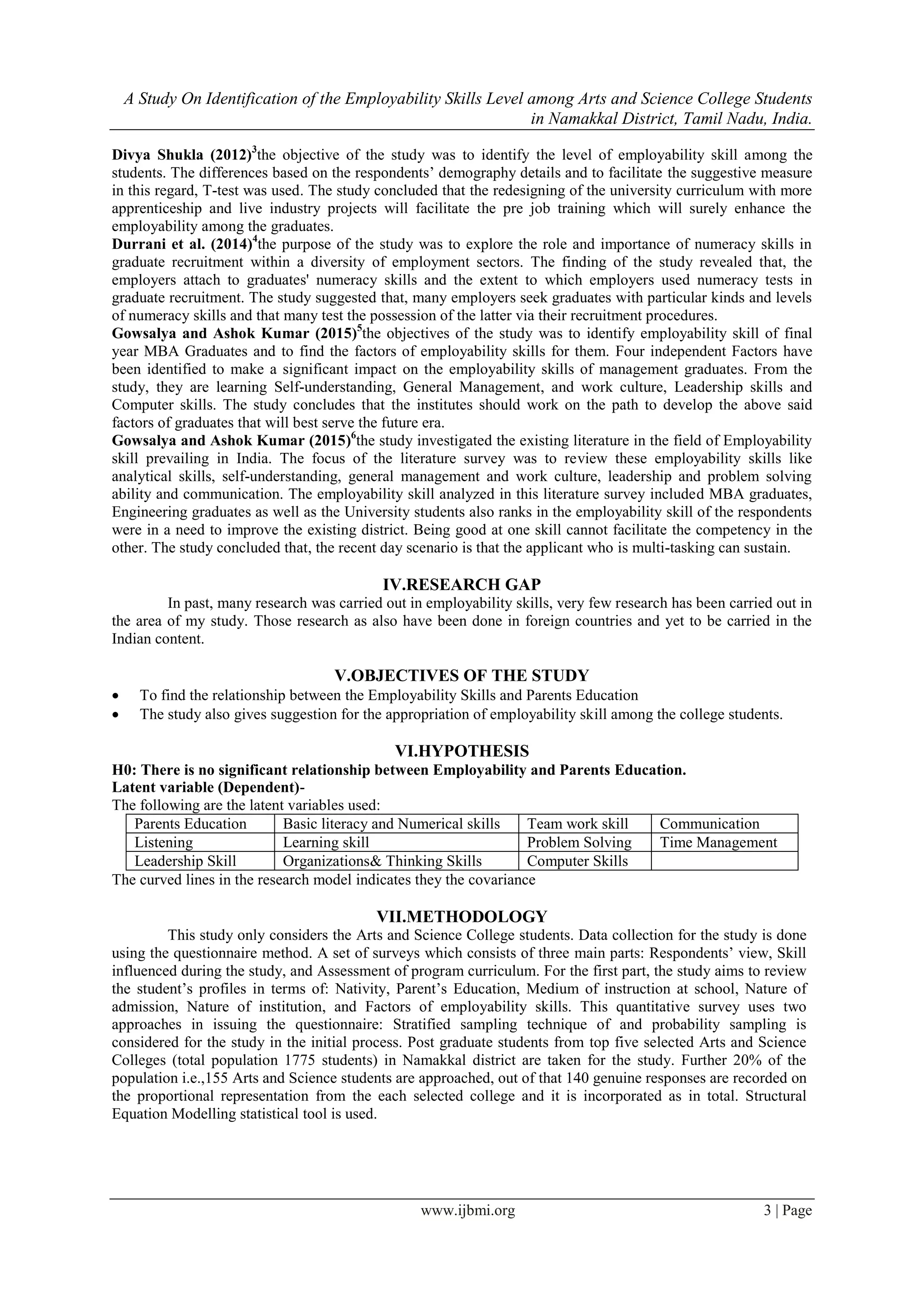 A Study on Identification of the Employability Skills Level among Arts ...