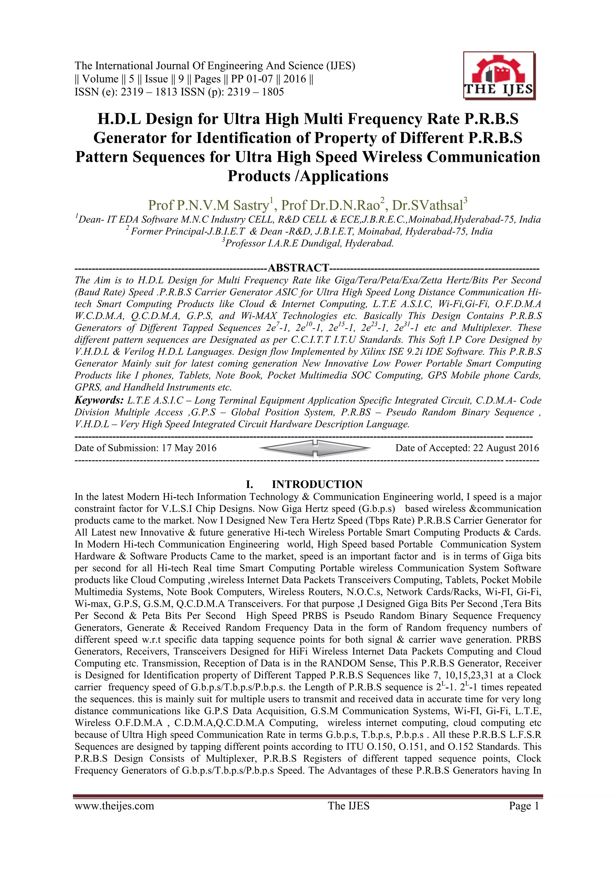 H.D.L Design for Ultra High Multi Frequency Rate P.R.B.S Generator for Identification of ...