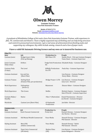 Olwen Morrey CV September 2016 | PDF | Theater | Fine Art