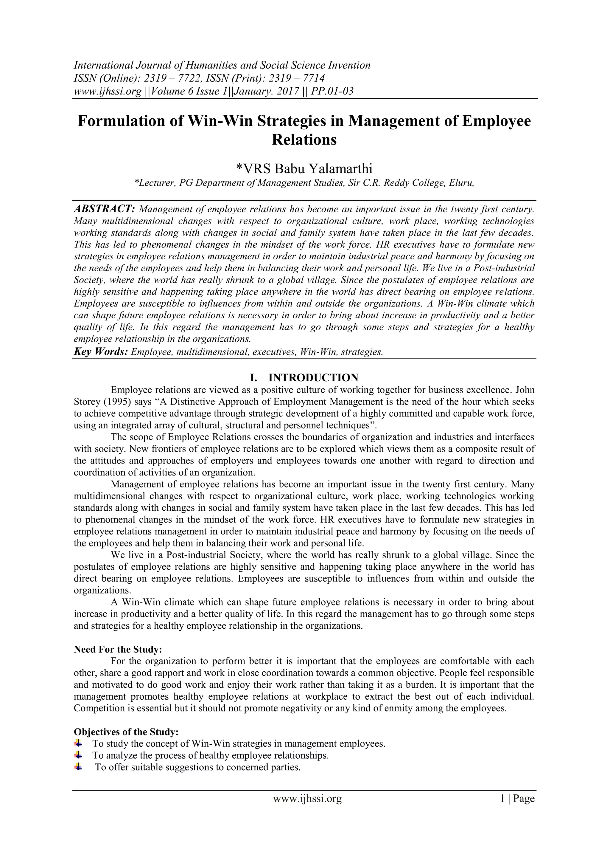 Formulation of Win-Win Strategies in Management of Employee Relations | PDF