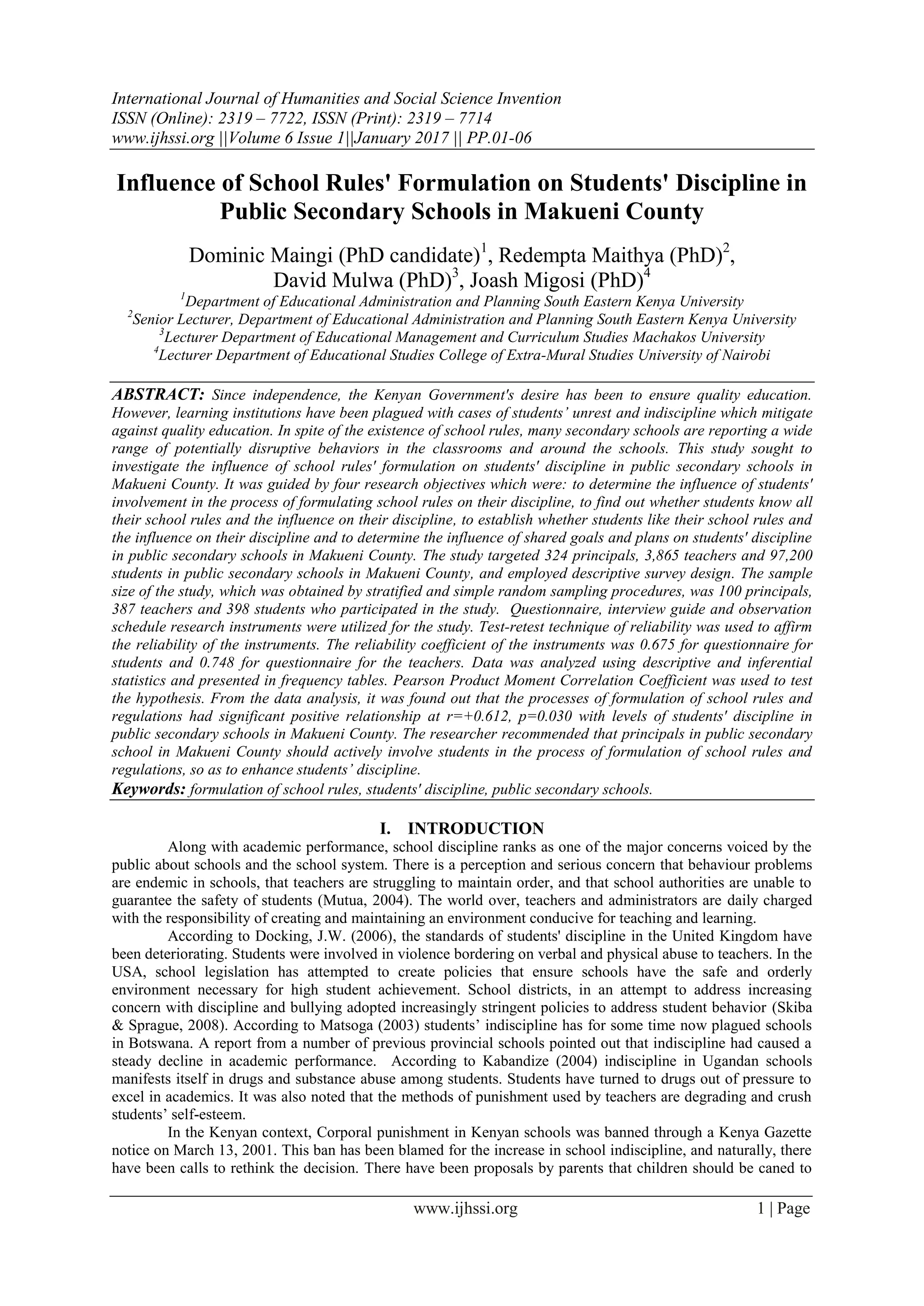 Influence of School Rules' Formulation on Students' Discipline in ...
