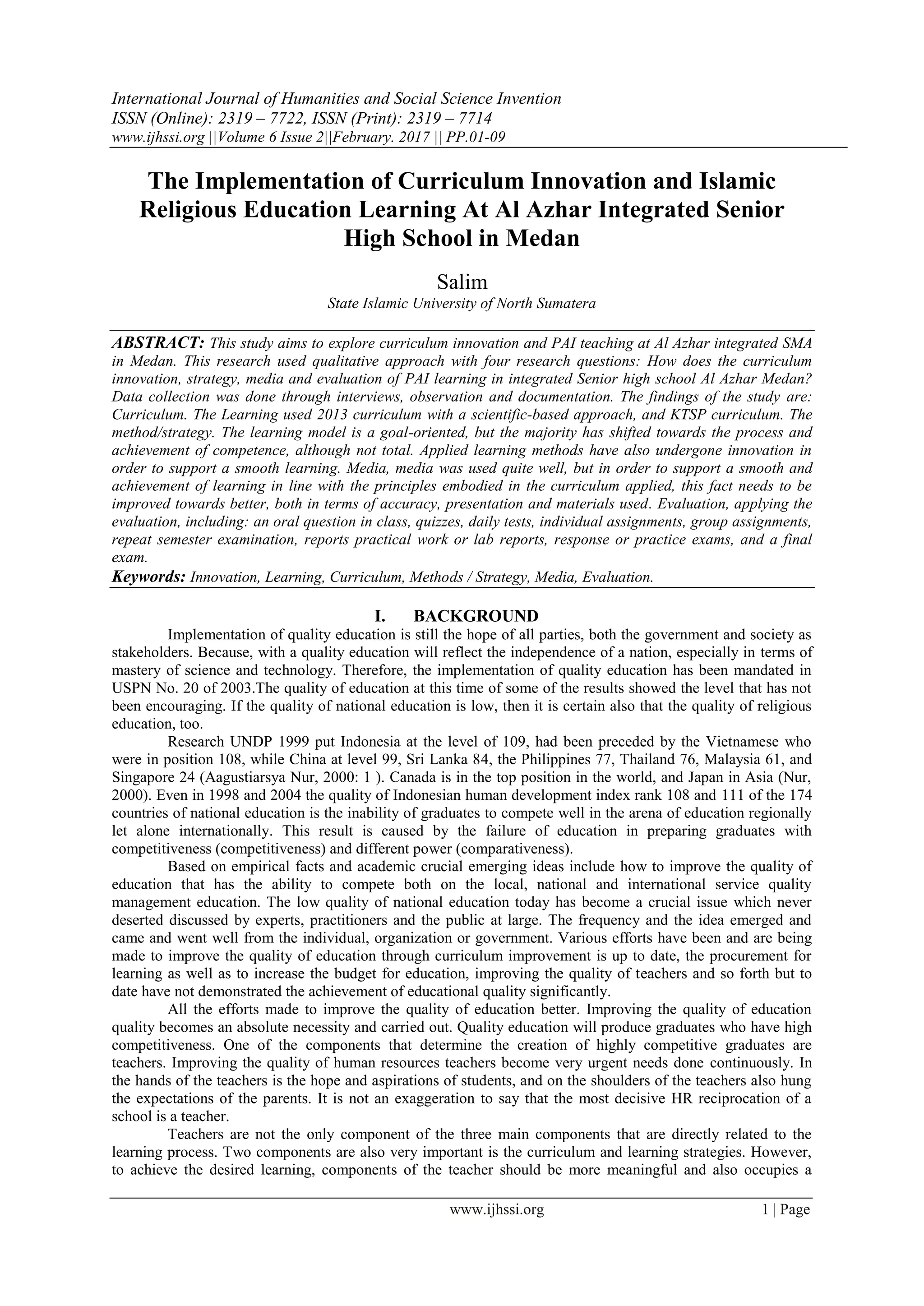 The Implementation of Curriculum Innovation and Islamic Religious Education Learning At Al Azhar ...