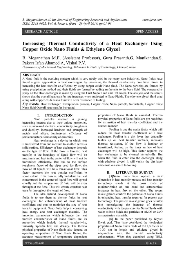 Increasing Thermal Conductivity of a Heat Exchanger Using Copper Oxide Nano Fluids & Ethylene ...