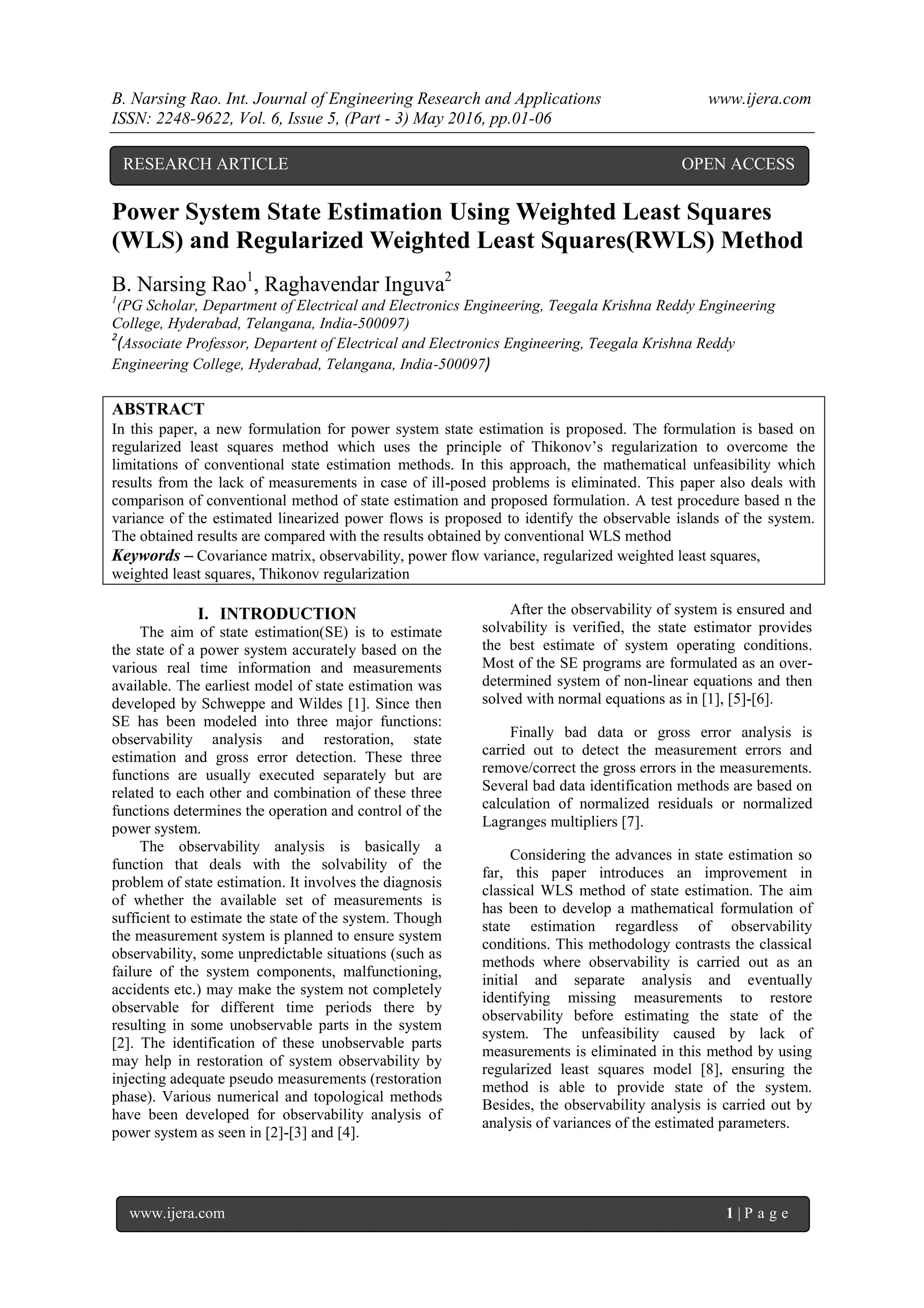 Power System State Estimation Using Weighted Least Squares Wls And