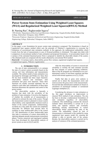 Power System State Estimation Using Weighted Least Squares (WLS) and Regularized Weighted Least ...