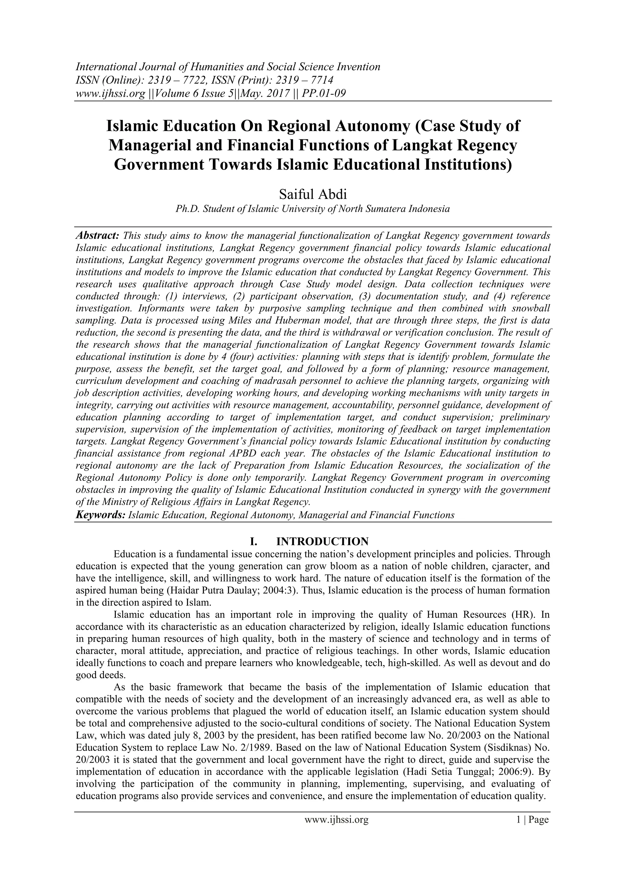 Islamic Education On Regional Autonomy (Case Study of Managerial and ...