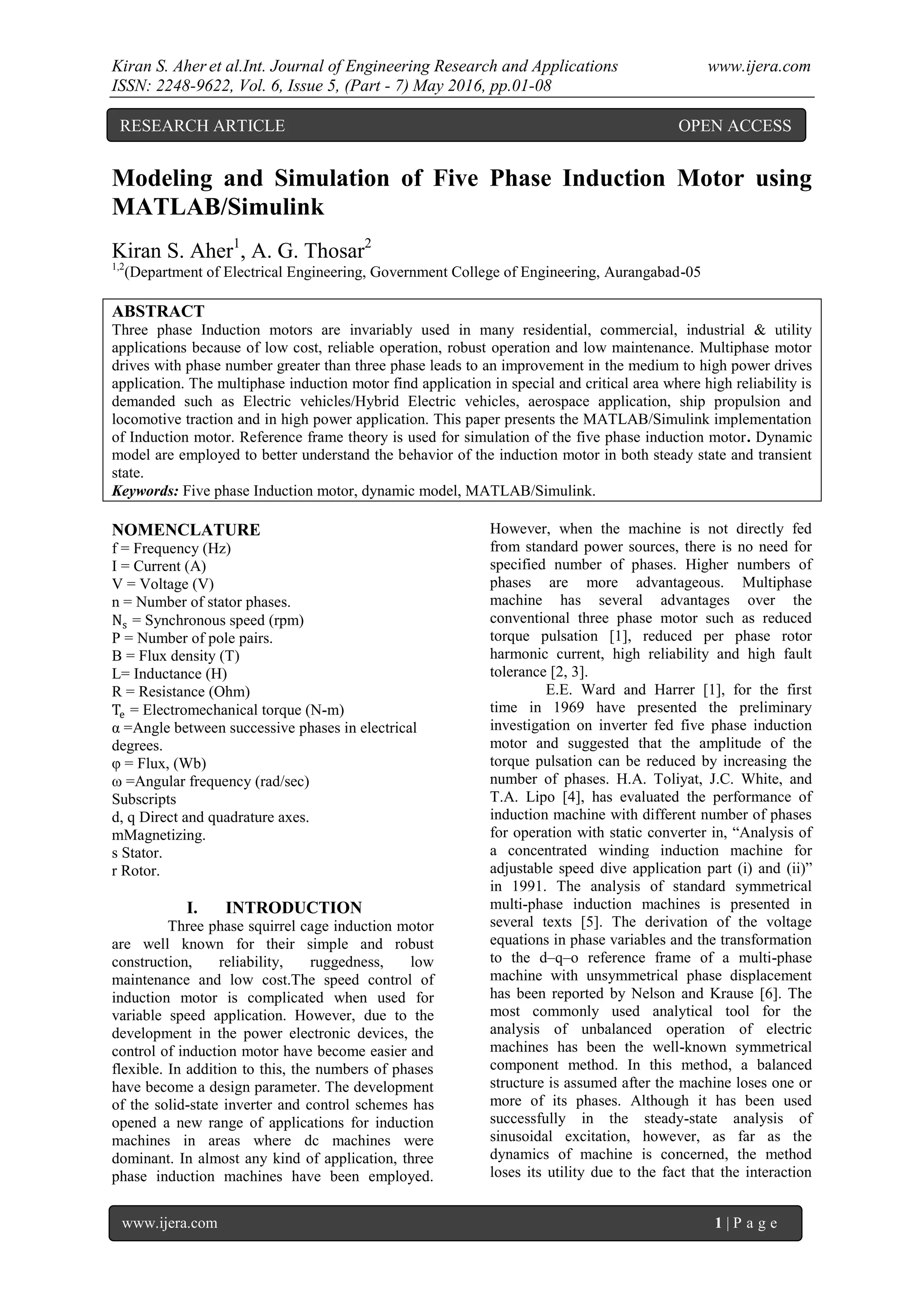 Modeling And Simulation Of Five Phase Induction Motor Using Matlab