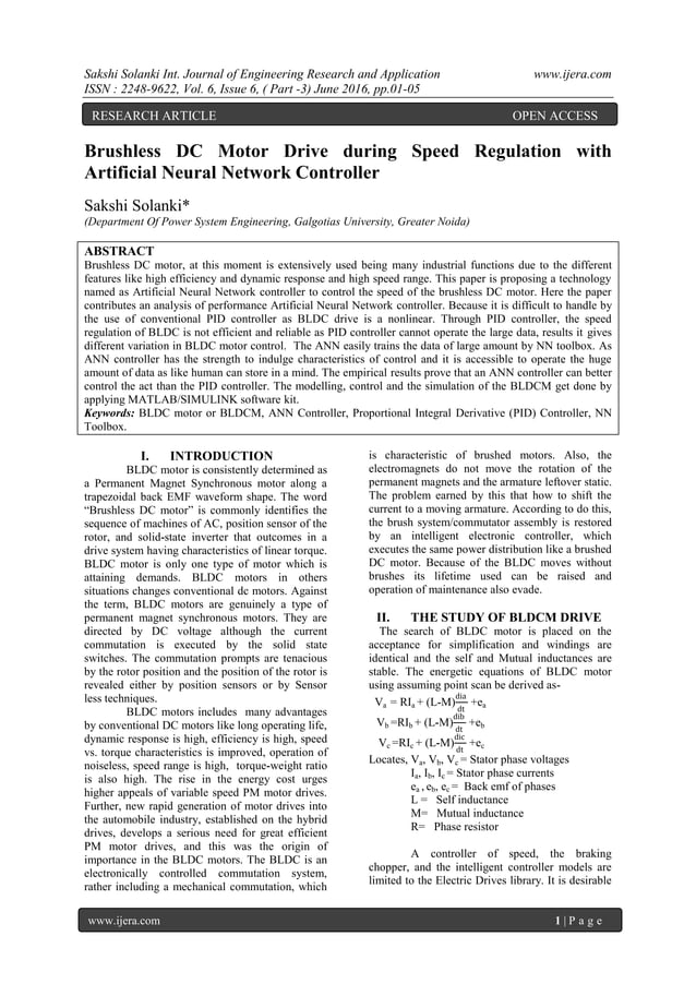 Brushless DC Motor Drive during Speed Regulation with Artificial Neural Network Controller | PDF ...