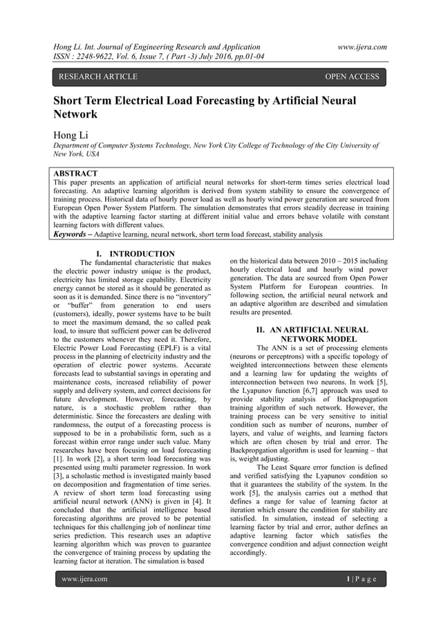 Short Term Electrical Load Forecasting by Artificial Neural Network | PDF