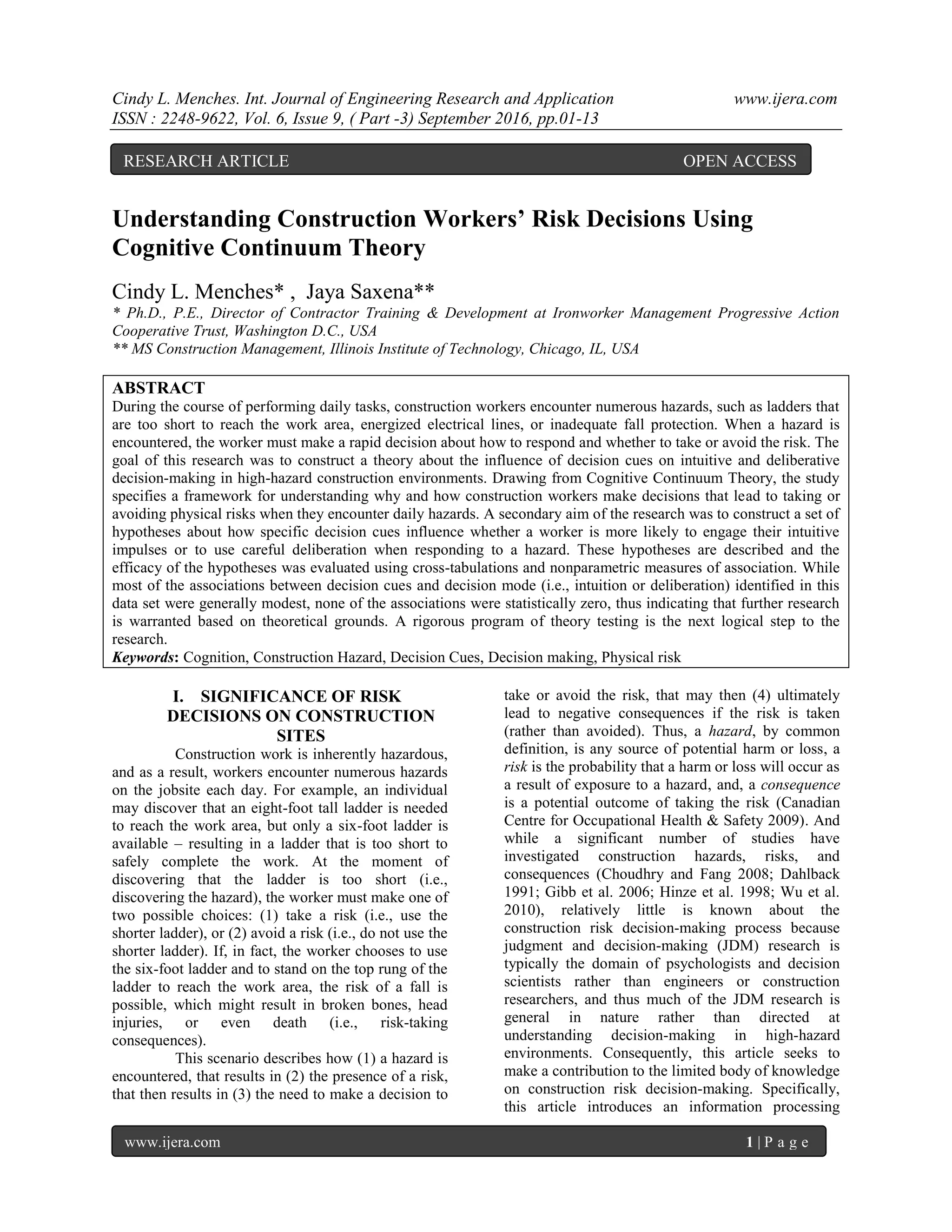 Understanding Construction Workers’ Risk Decisions Using Cognitive Continuum Theory | PDF