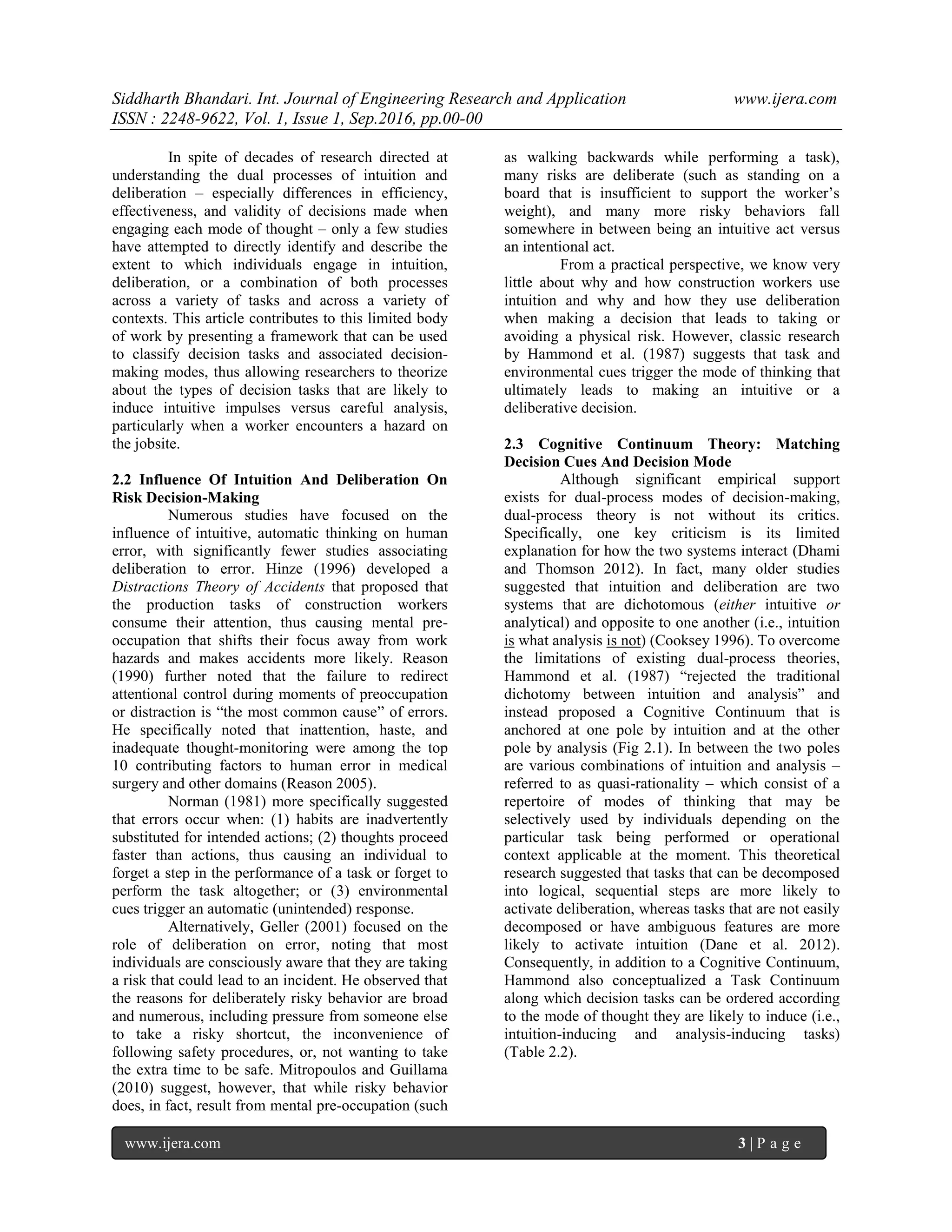 Understanding Construction Workers’ Risk Decisions Using Cognitive Continuum Theory | PDF