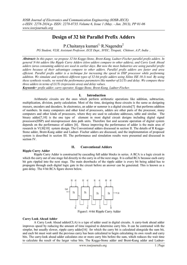 Design of 32 bit Parallel Prefix Adders | PDF