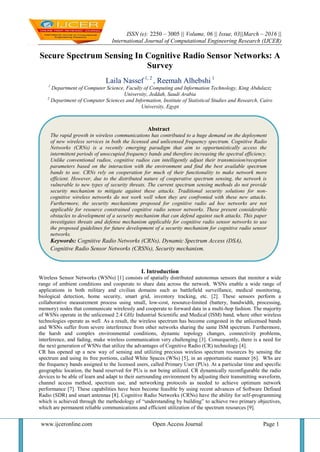 Secure Spectrum Sensing In Cognitive Radio Sensor Networks: A Survey | PDF