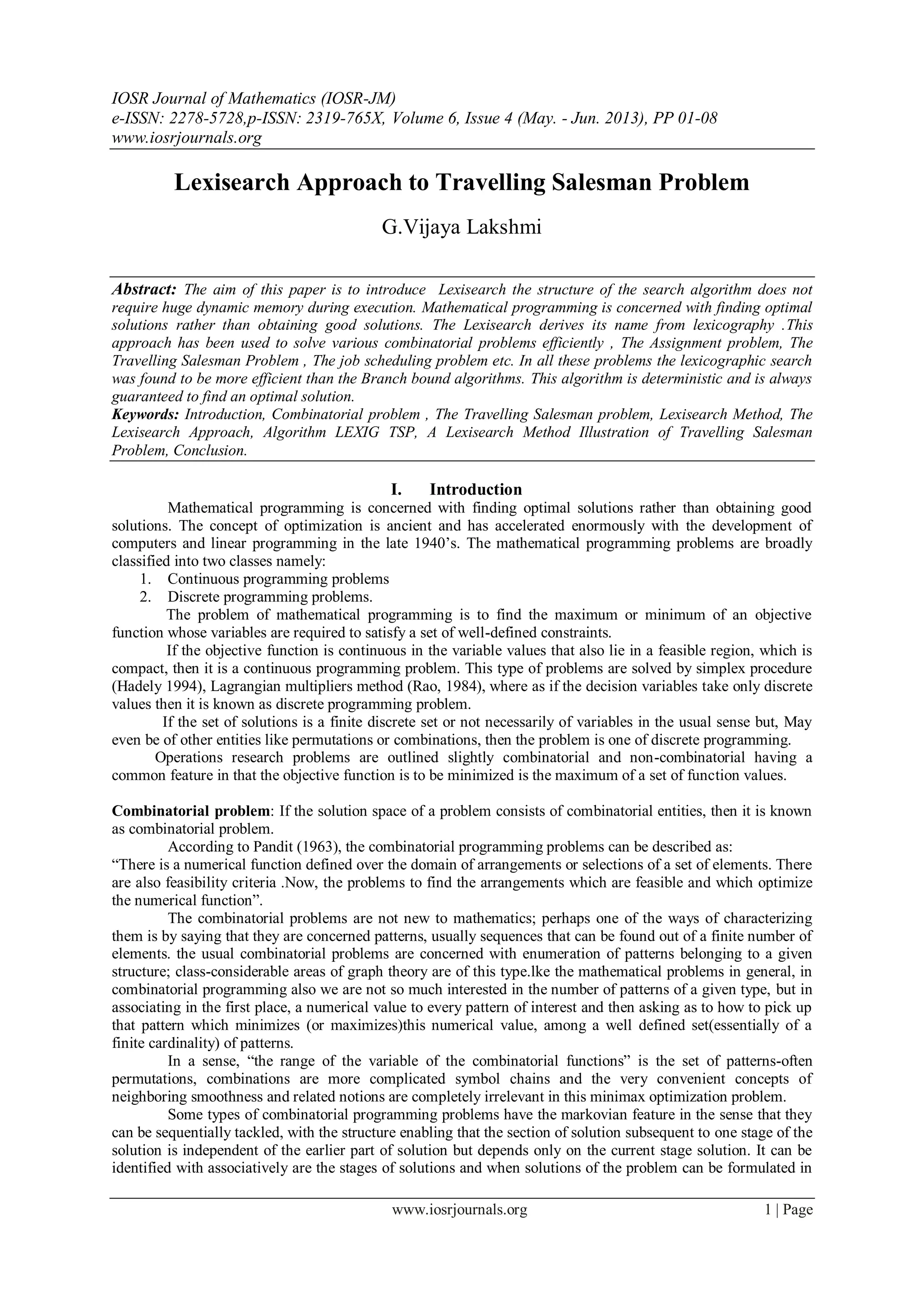 Lexisearch Approach to Travelling Salesman Problem | PDF