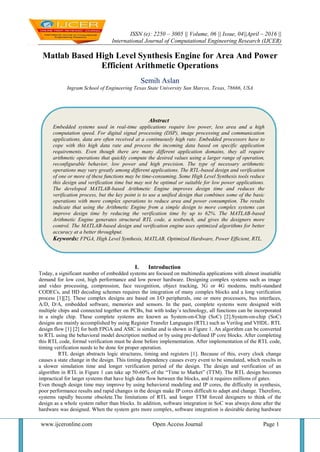 Matlab Based High Level Synthesis Engine for Area And Power Efficient ...