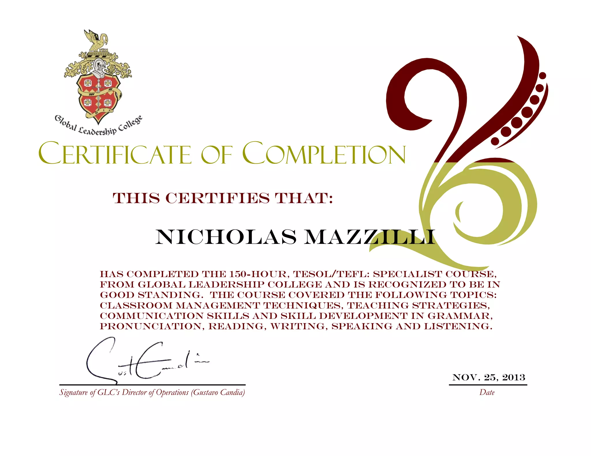 CertificateofCompletionTESOLNicholasMazzilli | PDF