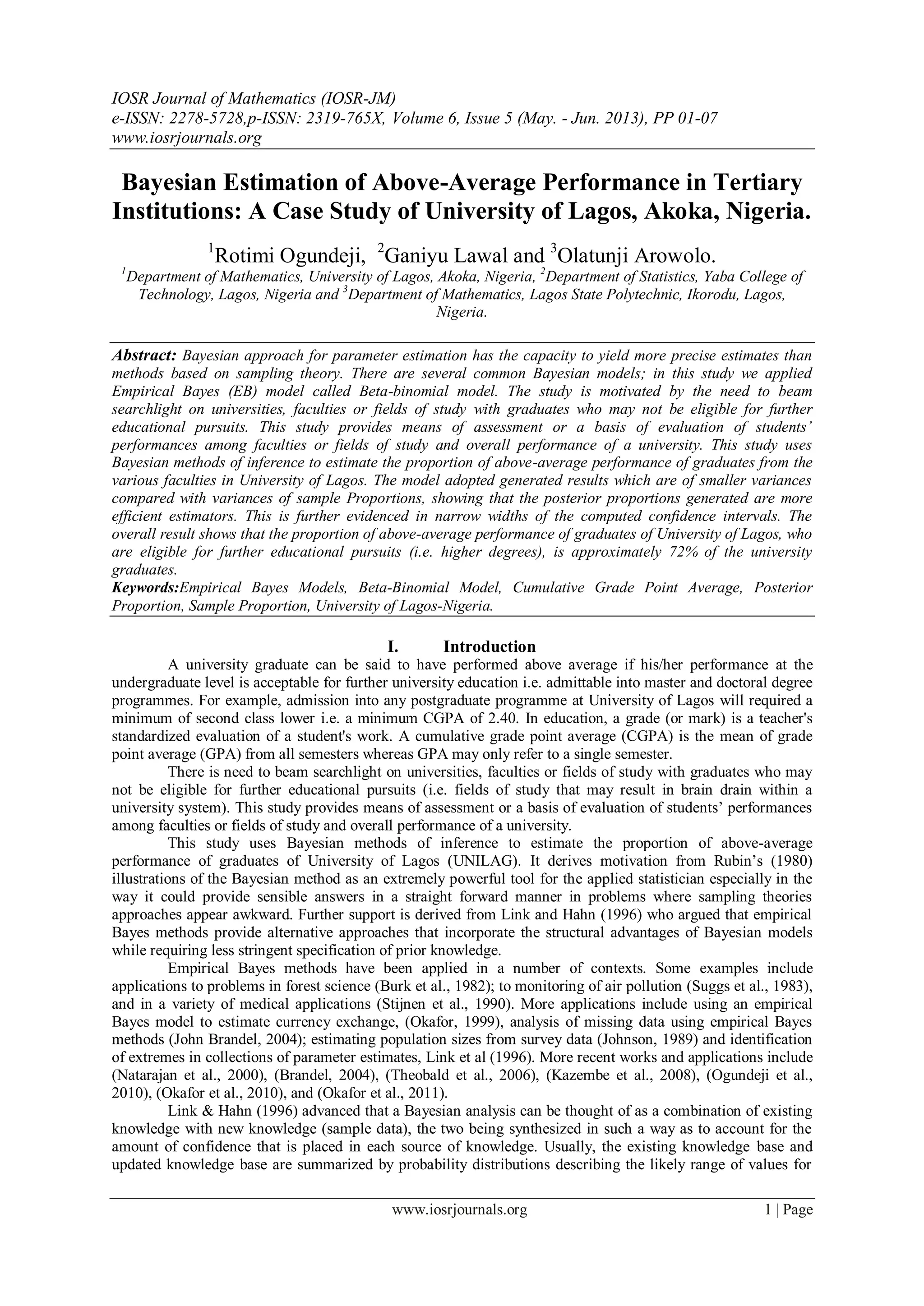 Bayesian Estimation of Above-Average Performance in Tertiary Institutions: A Case Study of ...