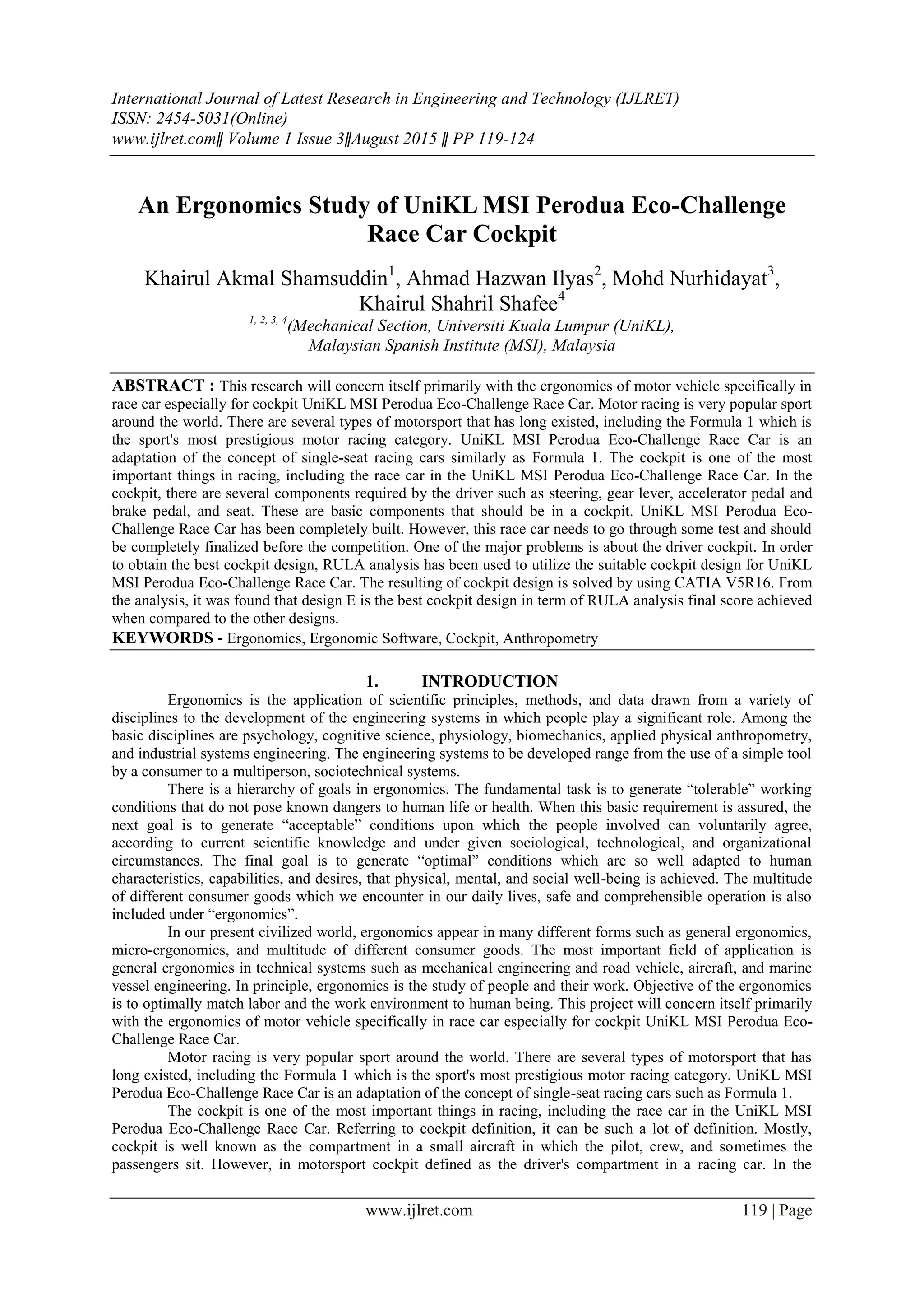 An Ergonomics Study of UniKL MSI Perodua Eco-Challenge Race Car Cockpit ...