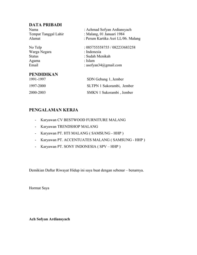 cv Sofyan malang | PDF