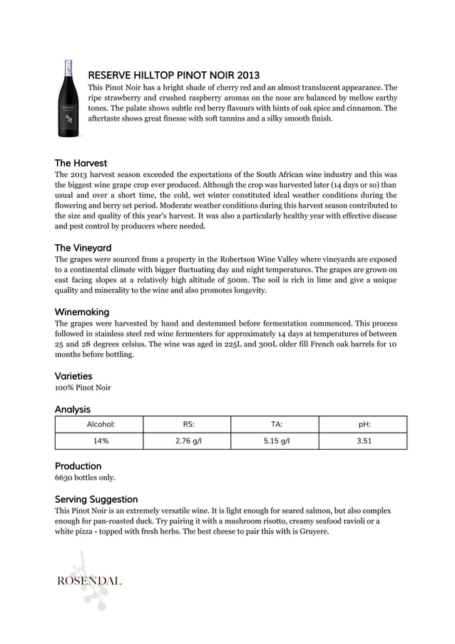 Reserve Pinot Noir 2013 - Tasting | PDF