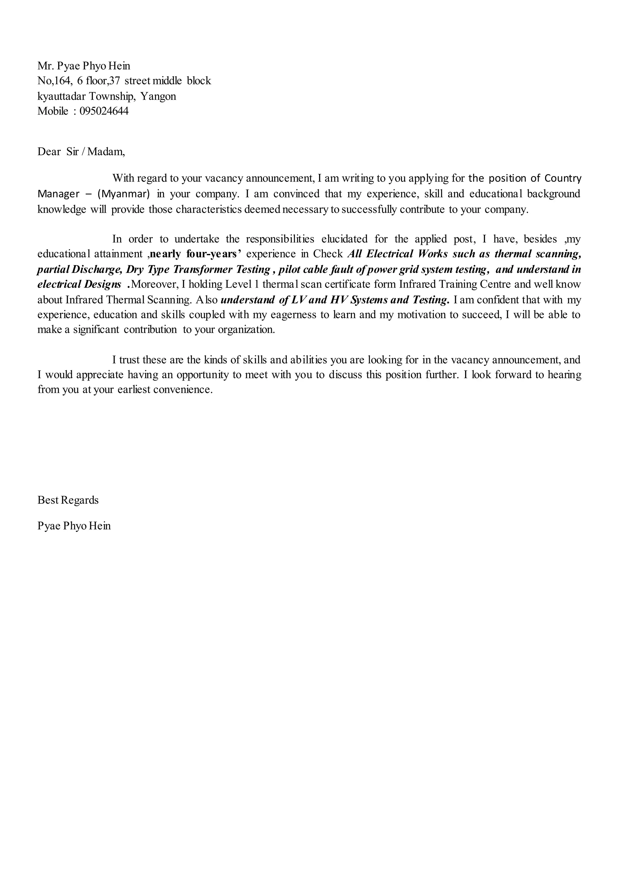 pyae phyo hein ( CV Cover Letter ) | PDF