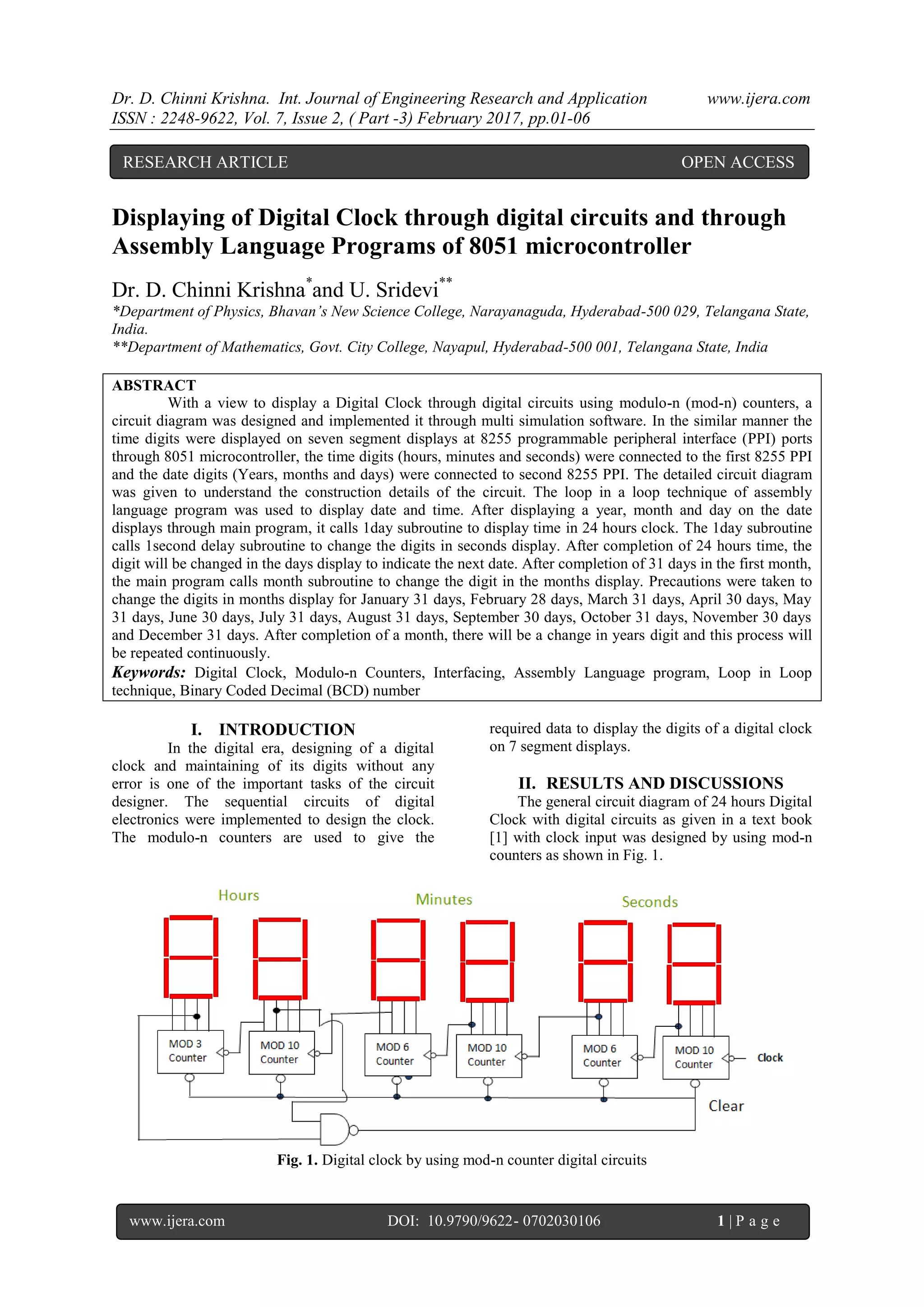 Displaying of Digital Clock through digital circuits and through Assembly Language Programs of ...