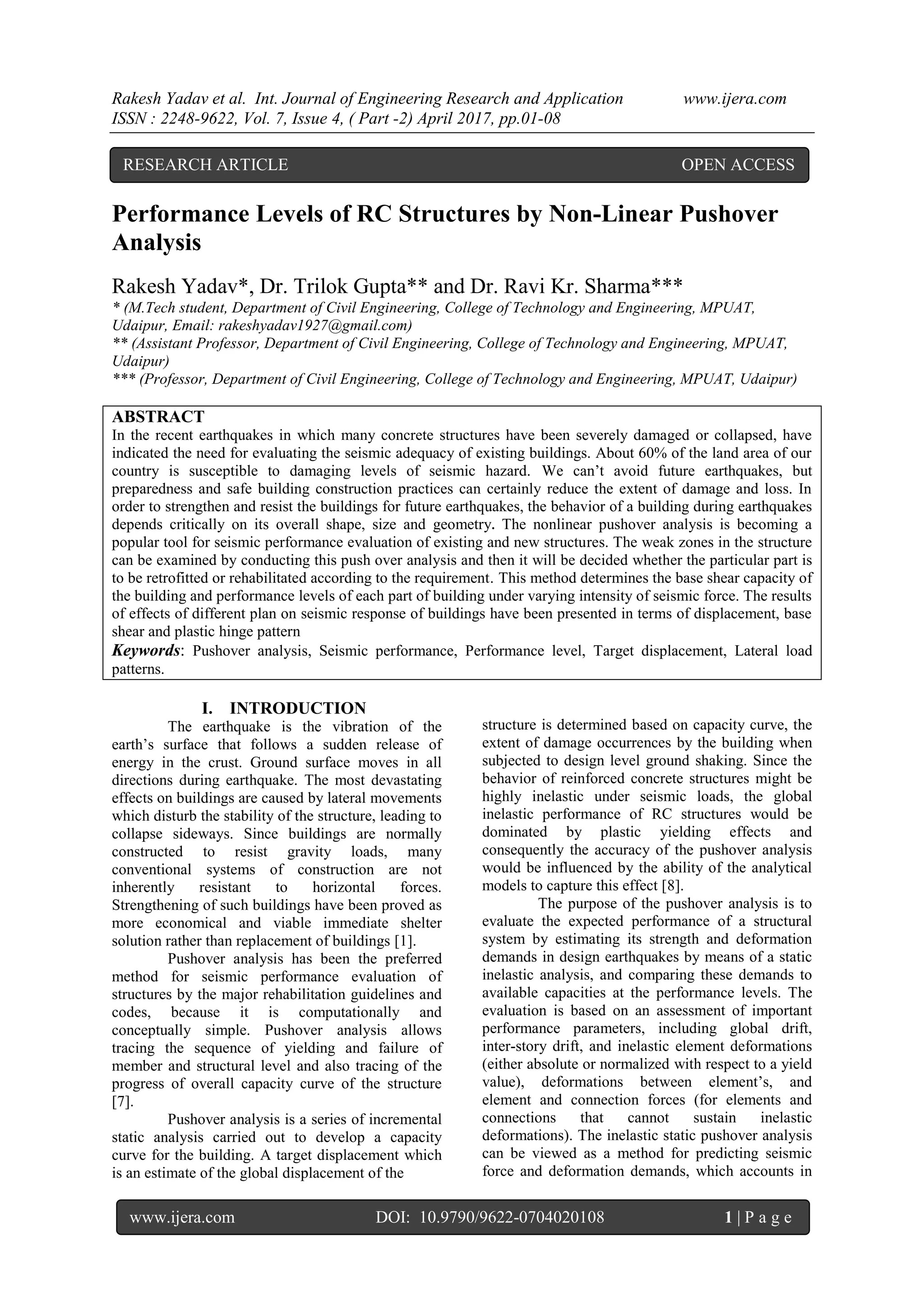 Performance Levels of RC Structures by Non-Linear Pushover Analysis | PDF