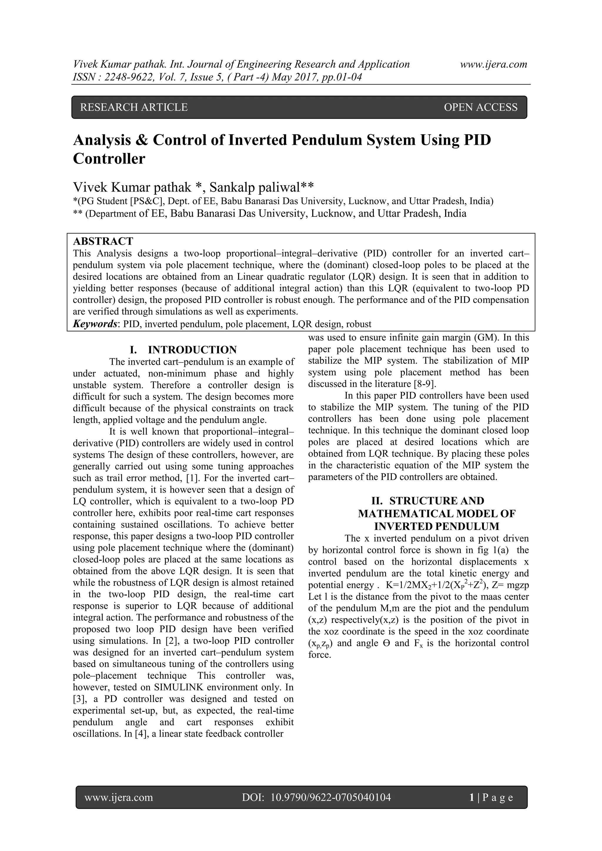 Analysis & Control of Inverted Pendulum System Using PID Controller | PDF