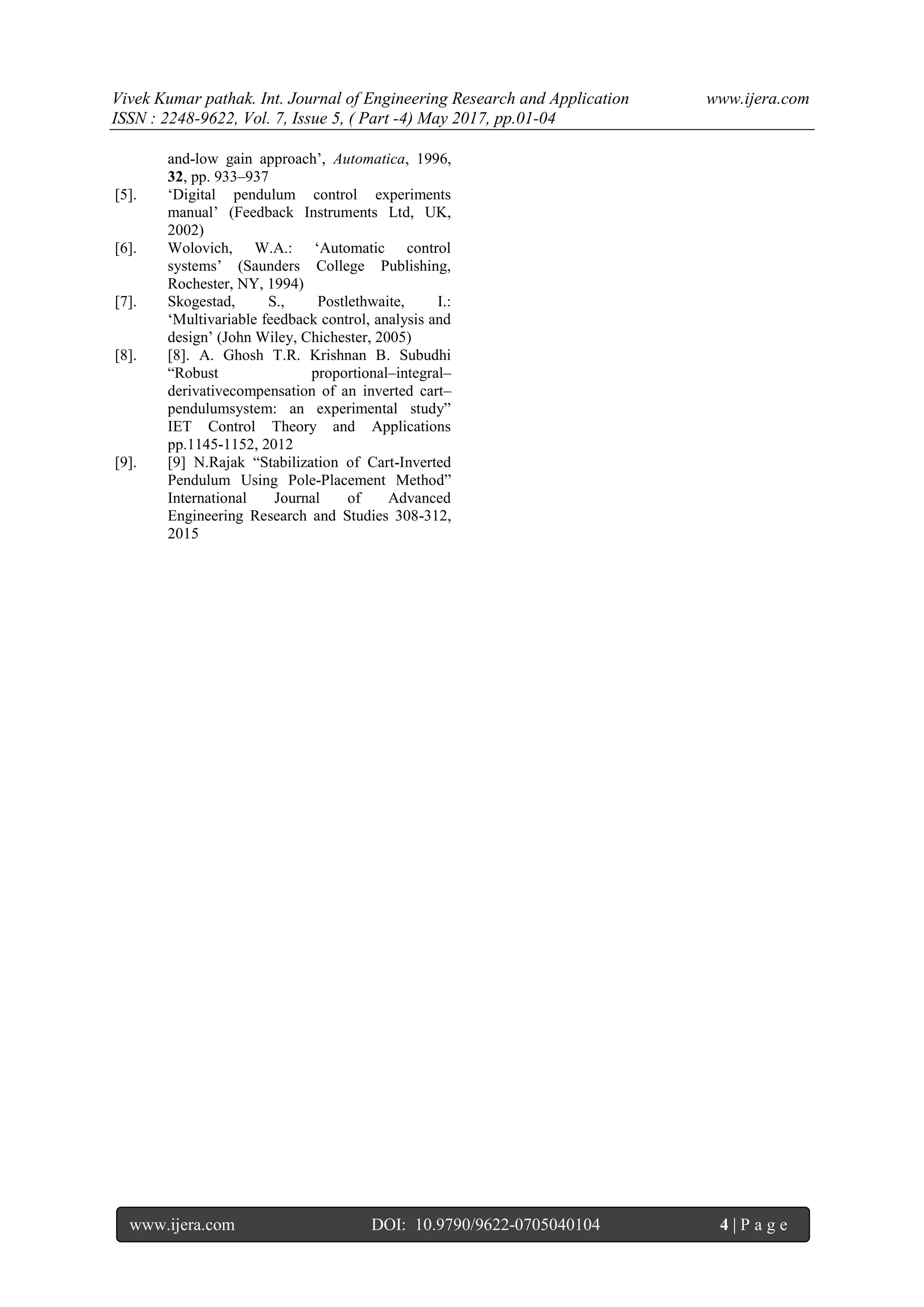 Analysis And Control Of Inverted Pendulum System Using Pid Controller Pdf
