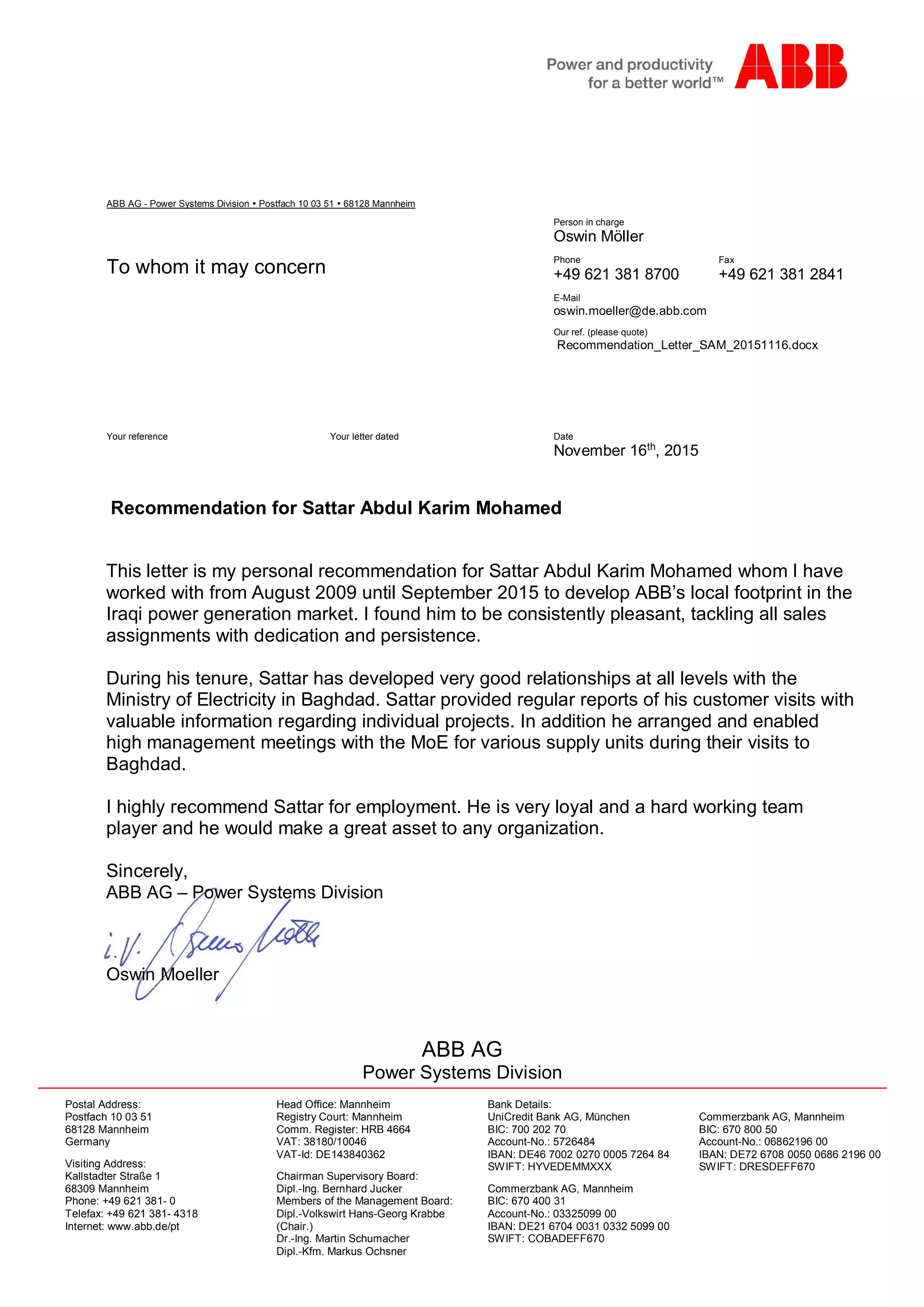 Recommendation Letter from ABB Germany for period 2009-2015 | PDF