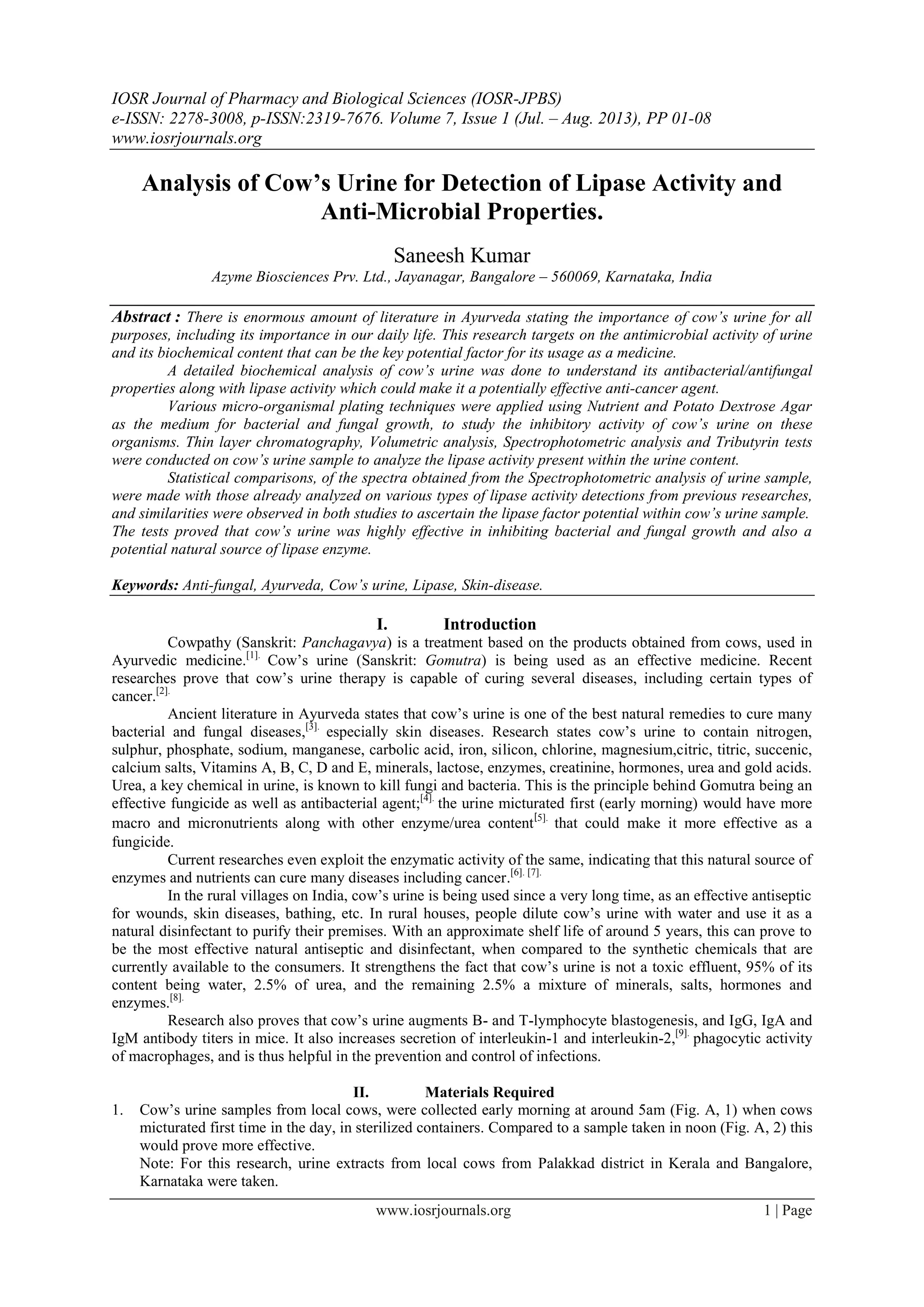 Analysis of Cow’s Urine for Detection of Lipase Activity and Anti ...